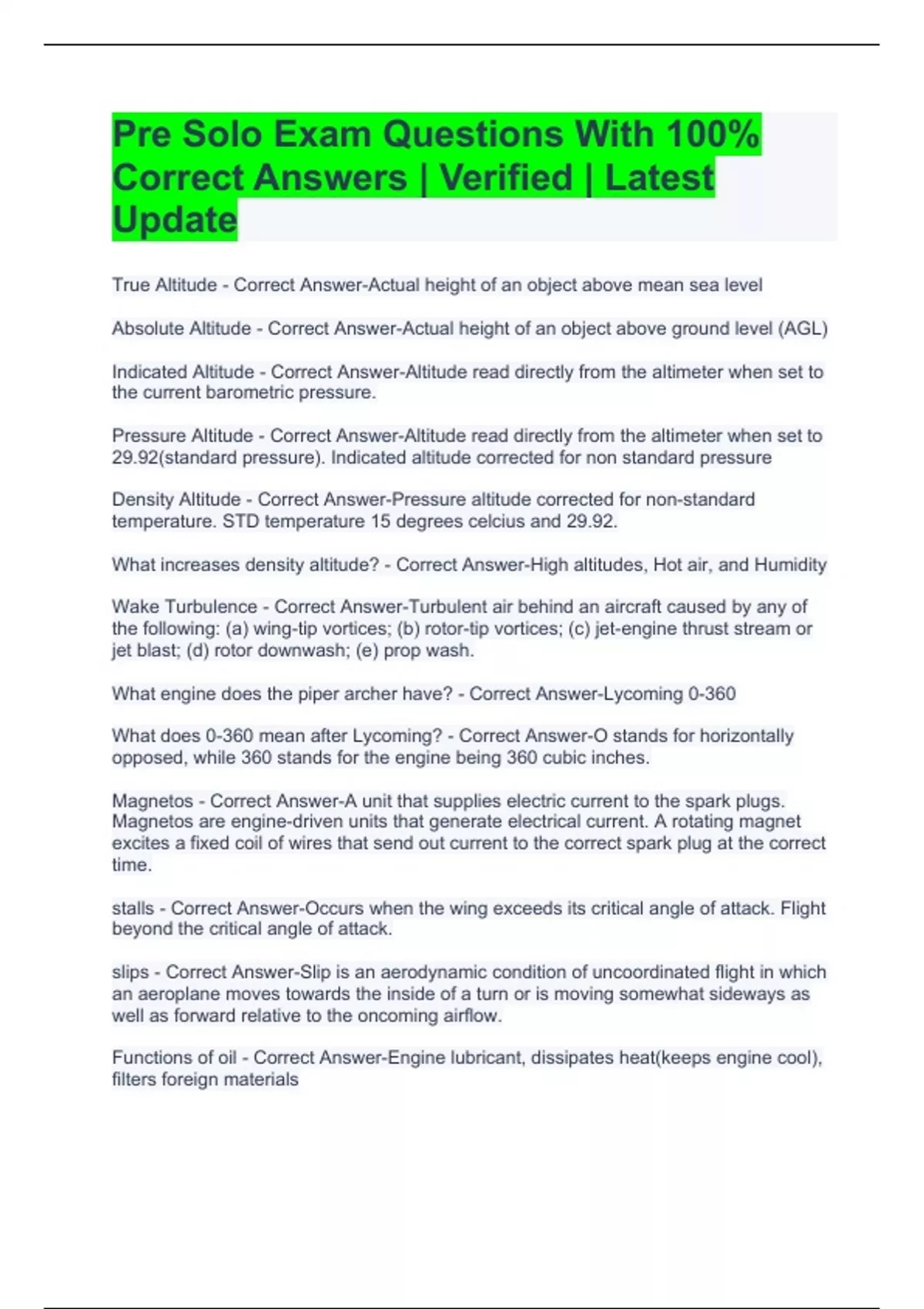 Pre Solo Exam Questions With 100% Correct Answers | Verified | Latest ...