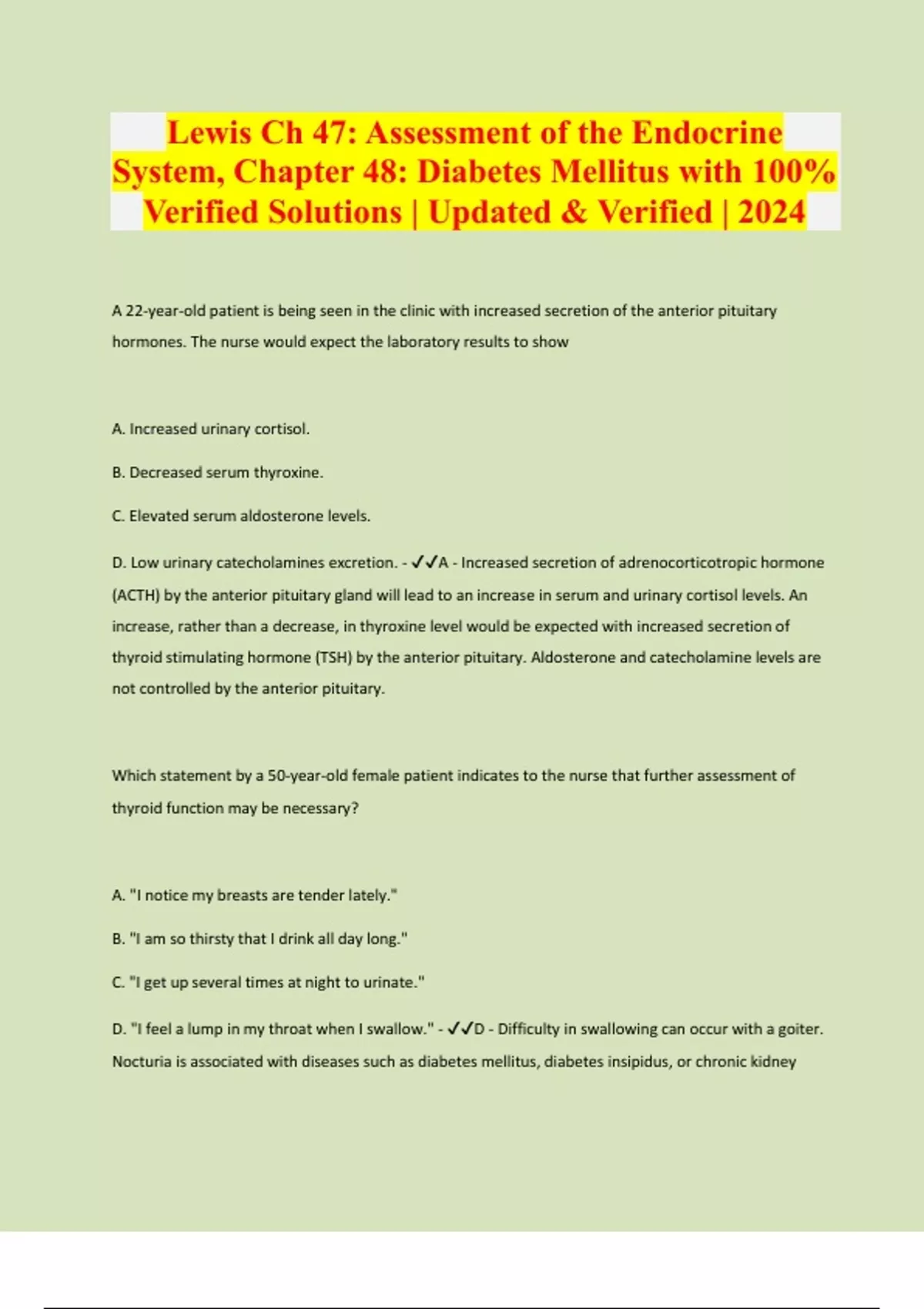 Lewis Ch 47: Assessment of the Endocrine System, Chapter 48: Diabetes ...