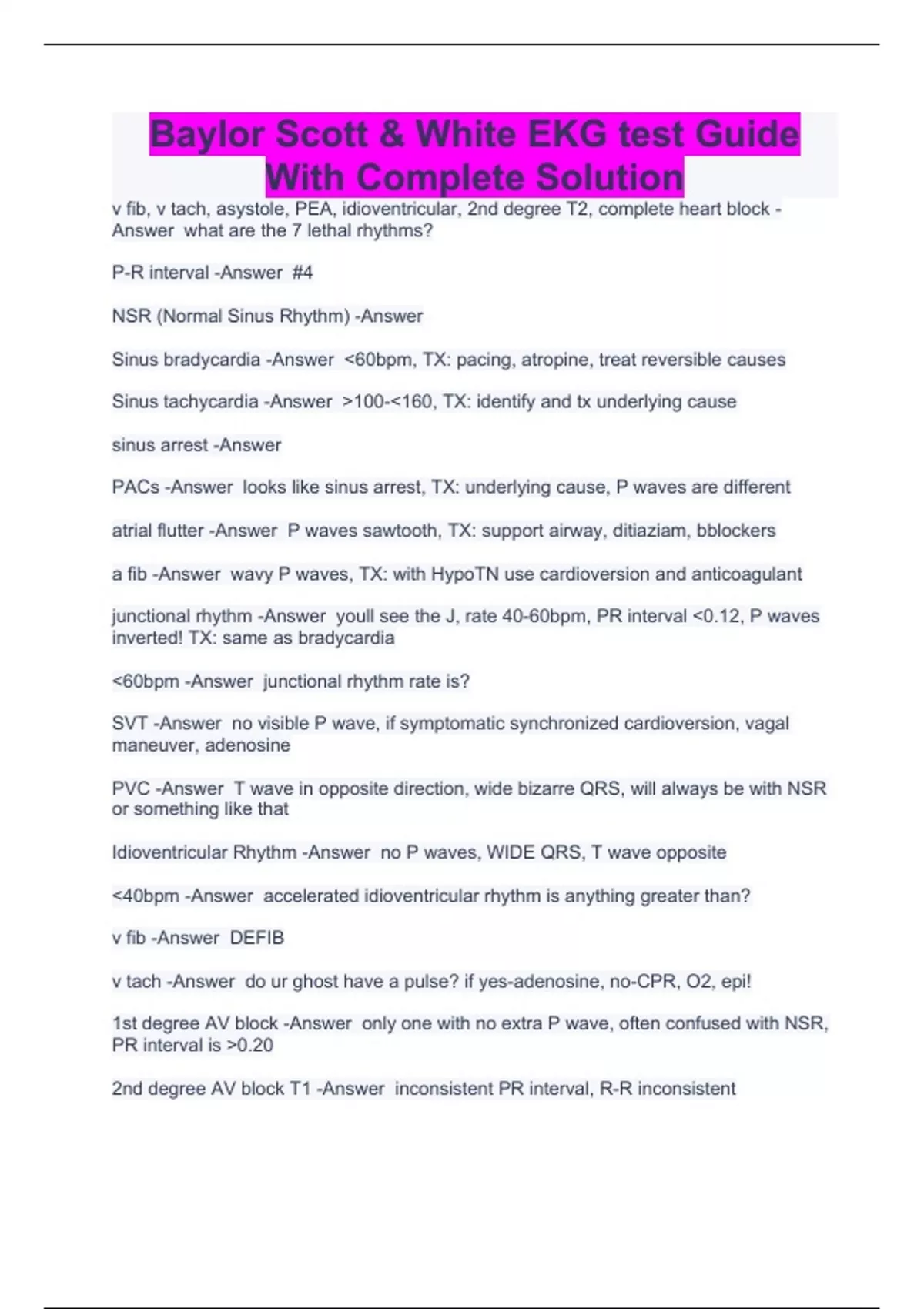 Baylor Scott & White EKG test Guide With Complete Solution - Baylor ...