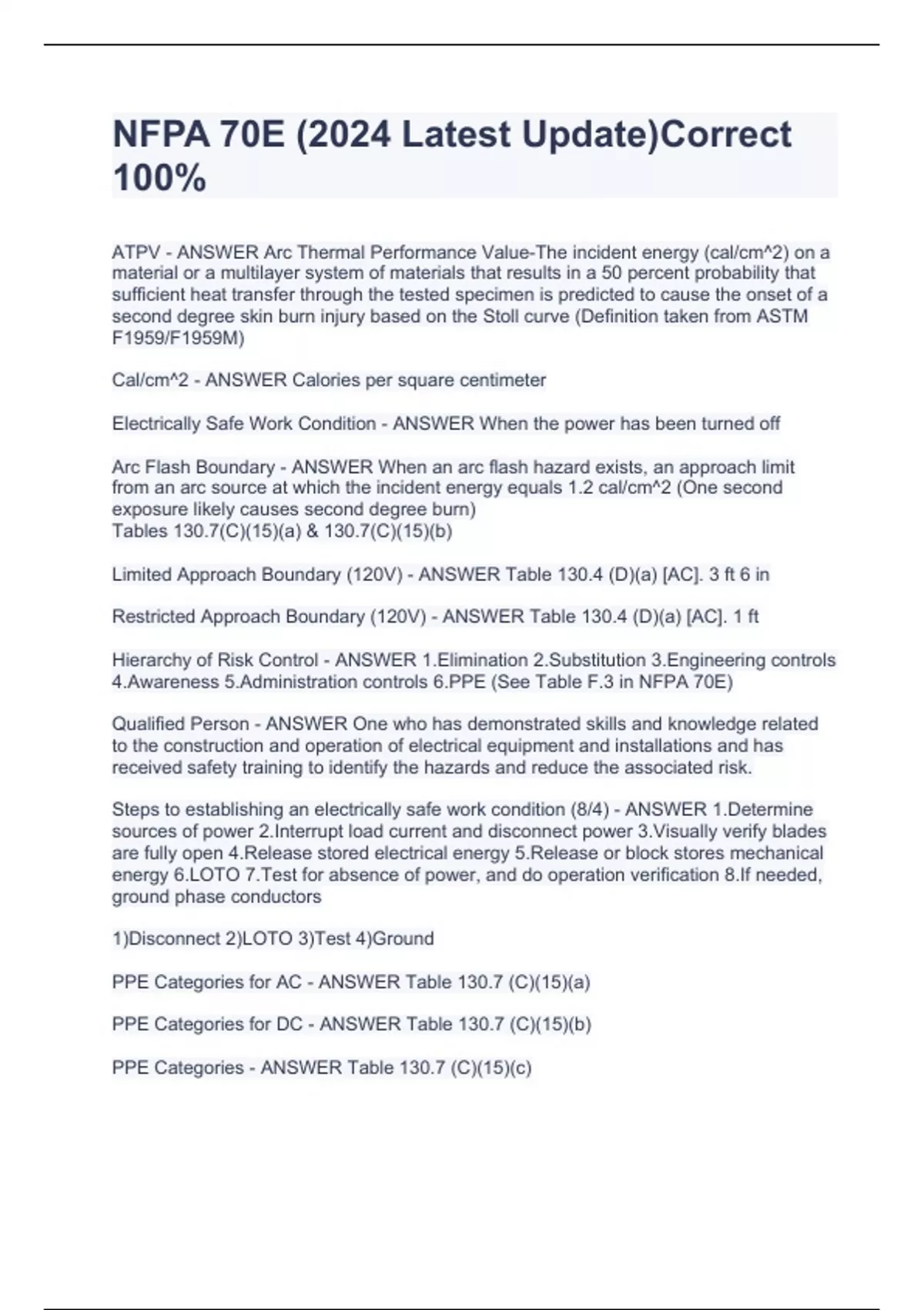 NFPA 70E (2024 Latest Update)Correct 100% - NFPA 70E - Stuvia US