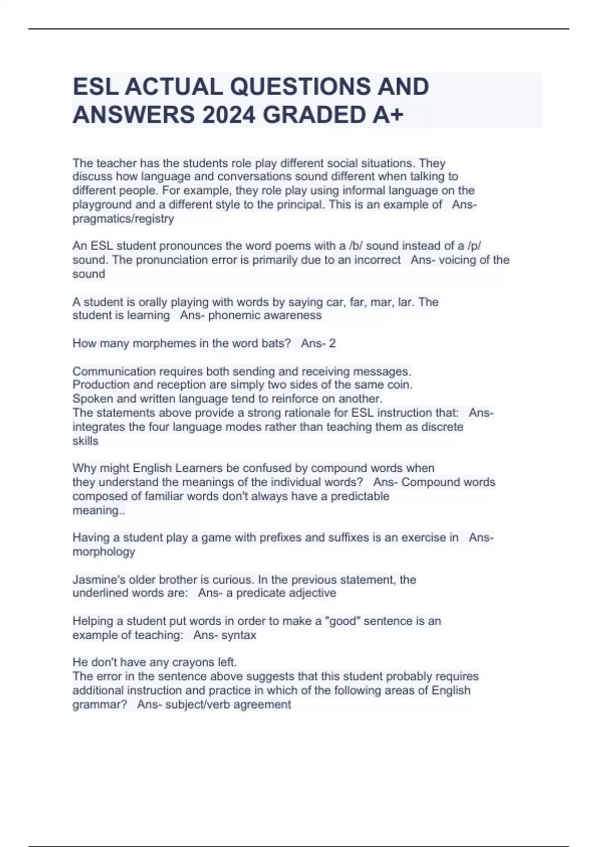 ESL ACTUAL QUESTIONS AND ANSWERS 2024 GRADED A+ - ESL 2024 - Stuvia US
