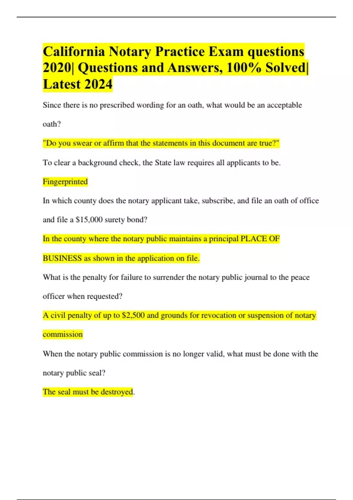 California Notary Practice Exam questions 2020| Questions and Answers ...