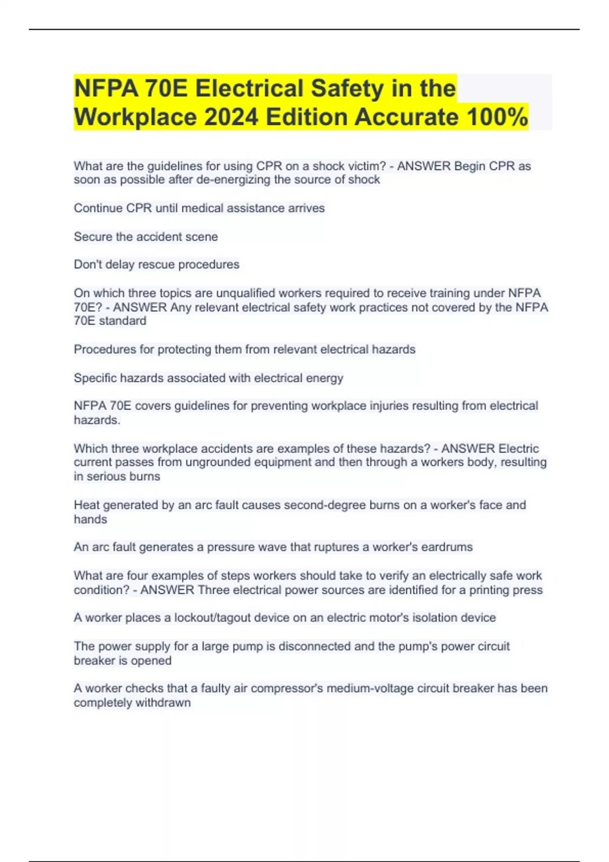 NFPA 70E Electrical Safety in the Workplace 2024 Edition Accurate 100% ...