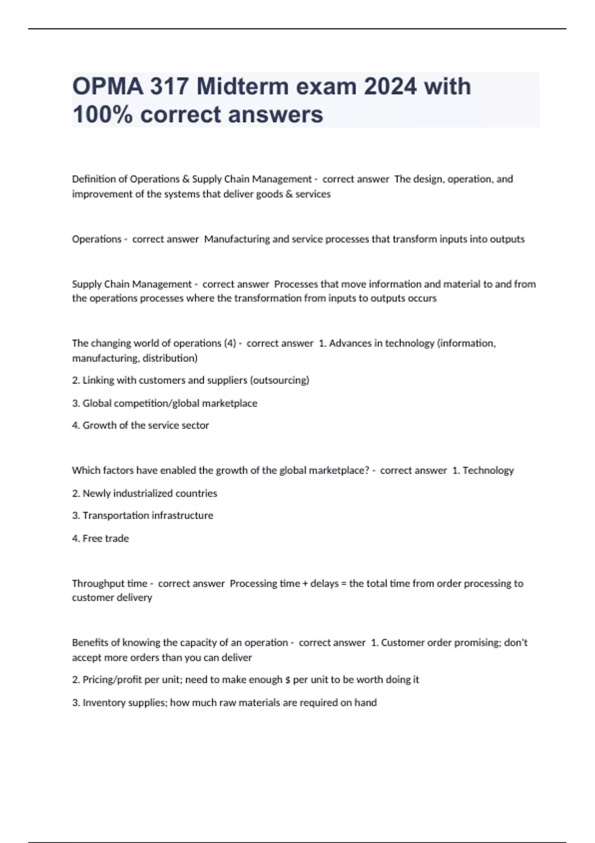 OPMA 317 Midterm exam 2024 with 100% correct answers - OPMA 317 - Stuvia US