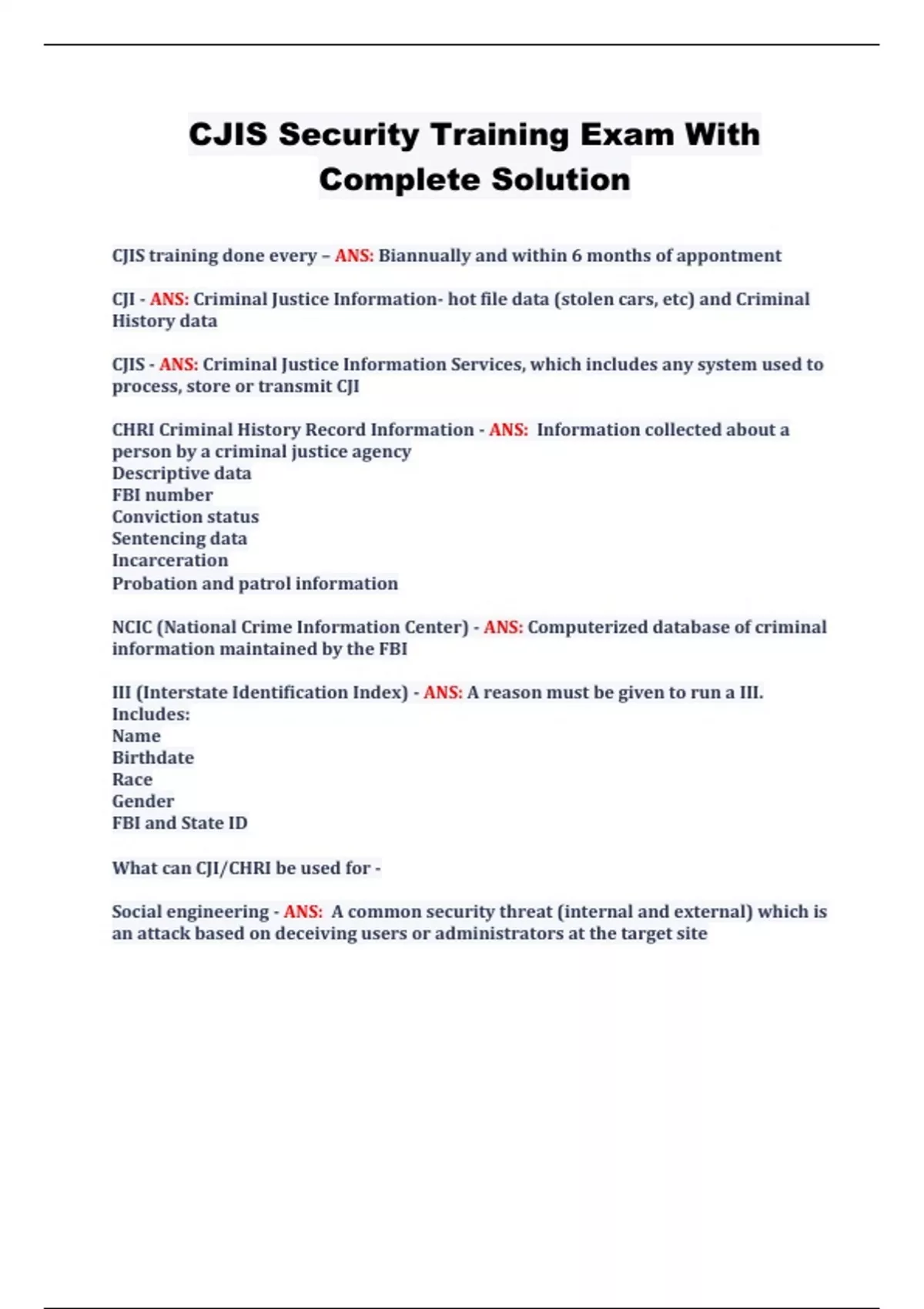 CJIS Security Training Exam With Complete Solution - CJIS - Stuvia US