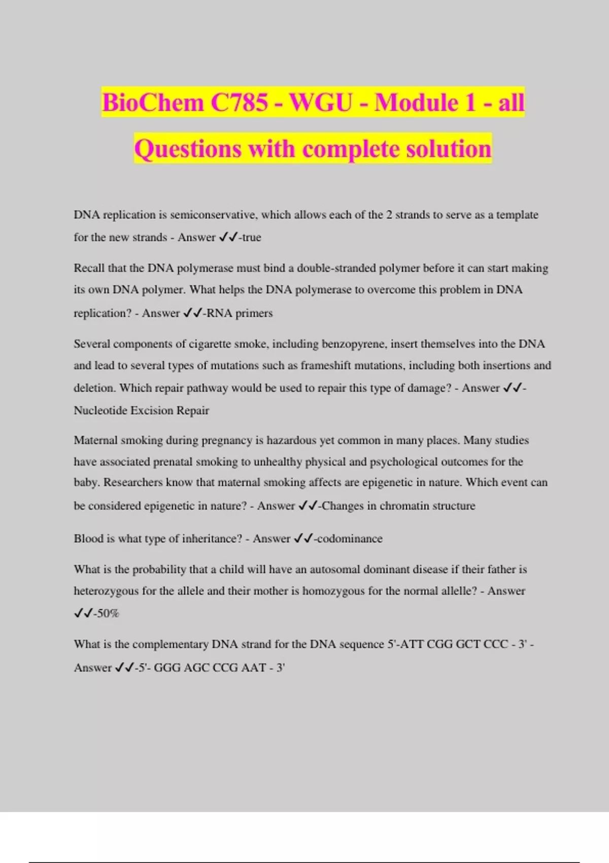 BioChem C785 - WGU - Module 1 - all Questions with complete solution ...