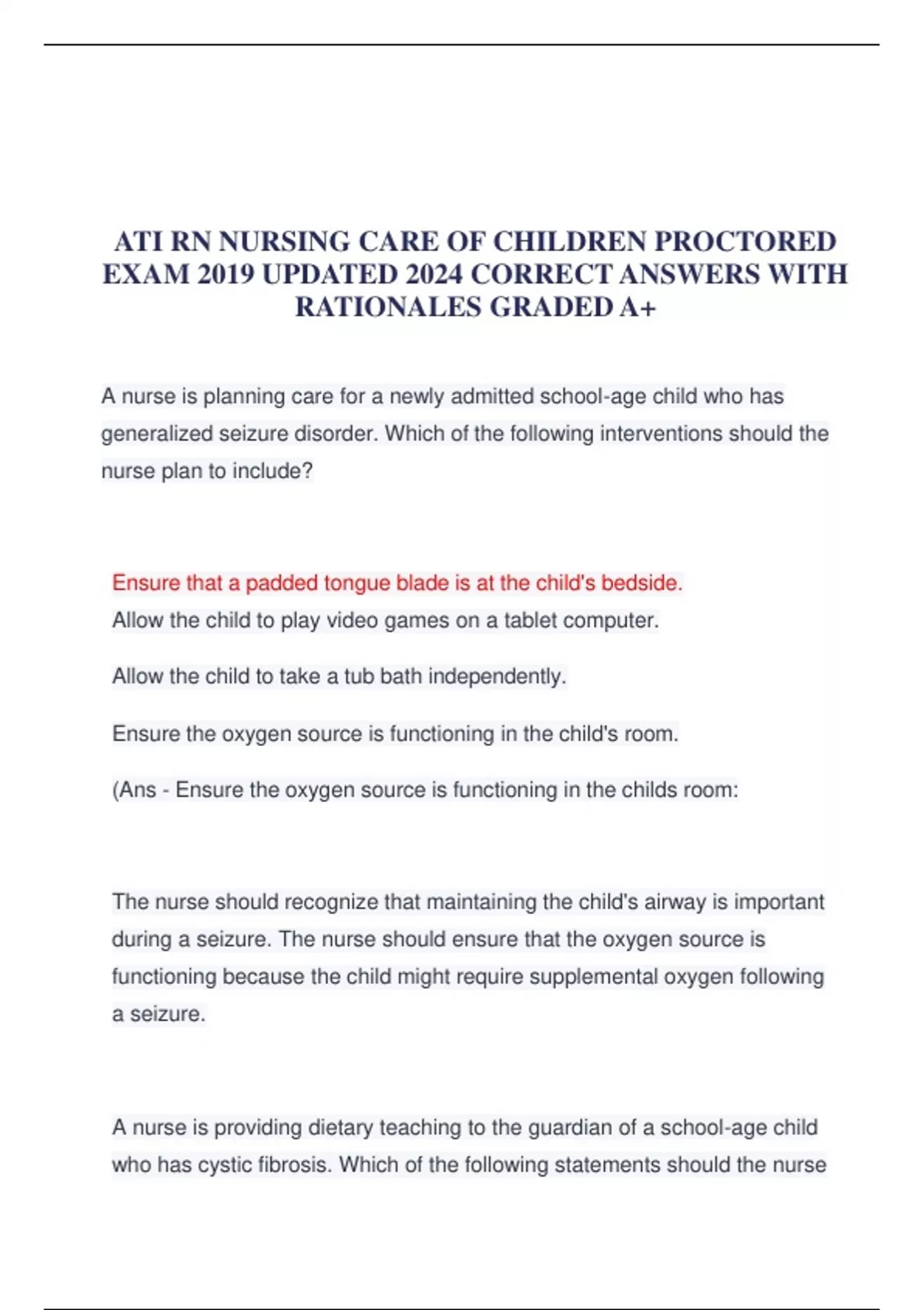 ATI RN NURSING CARE OF CHILDREN PROCTORED EXAM 2019 UPDATED 2024 ...