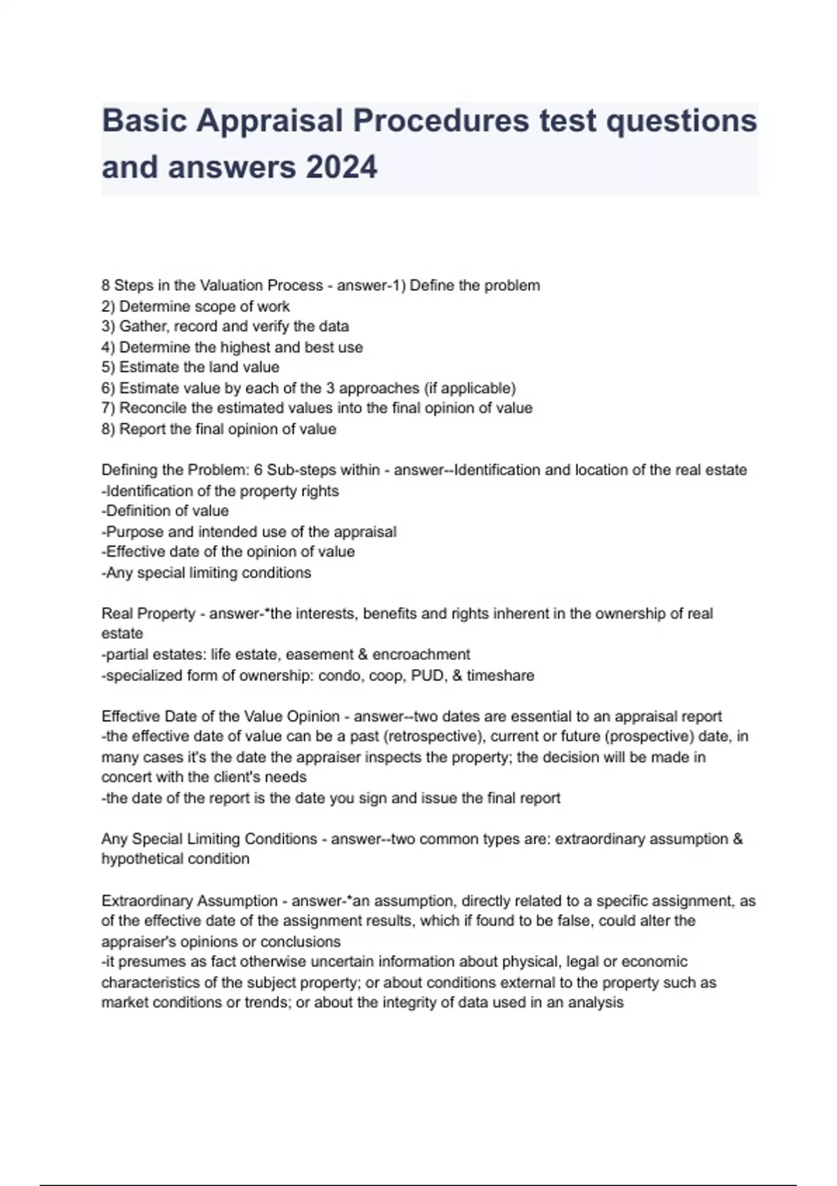 Basic Appraisal Procedures test questions and answers 2024 - Stuvia US