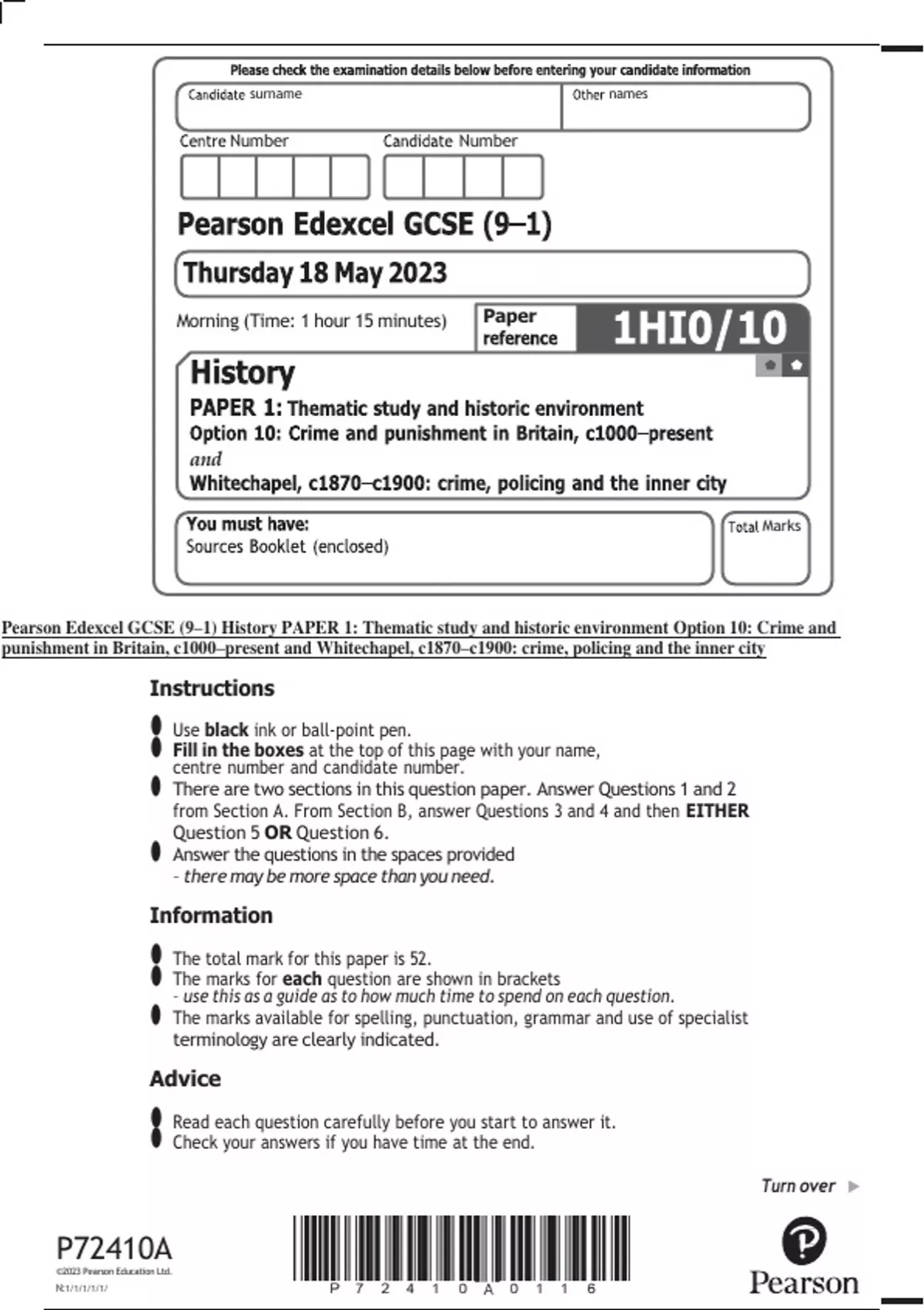 Pearson Edexcel GCSE (9–1) History PAPER 1: Thematic study and historic ...