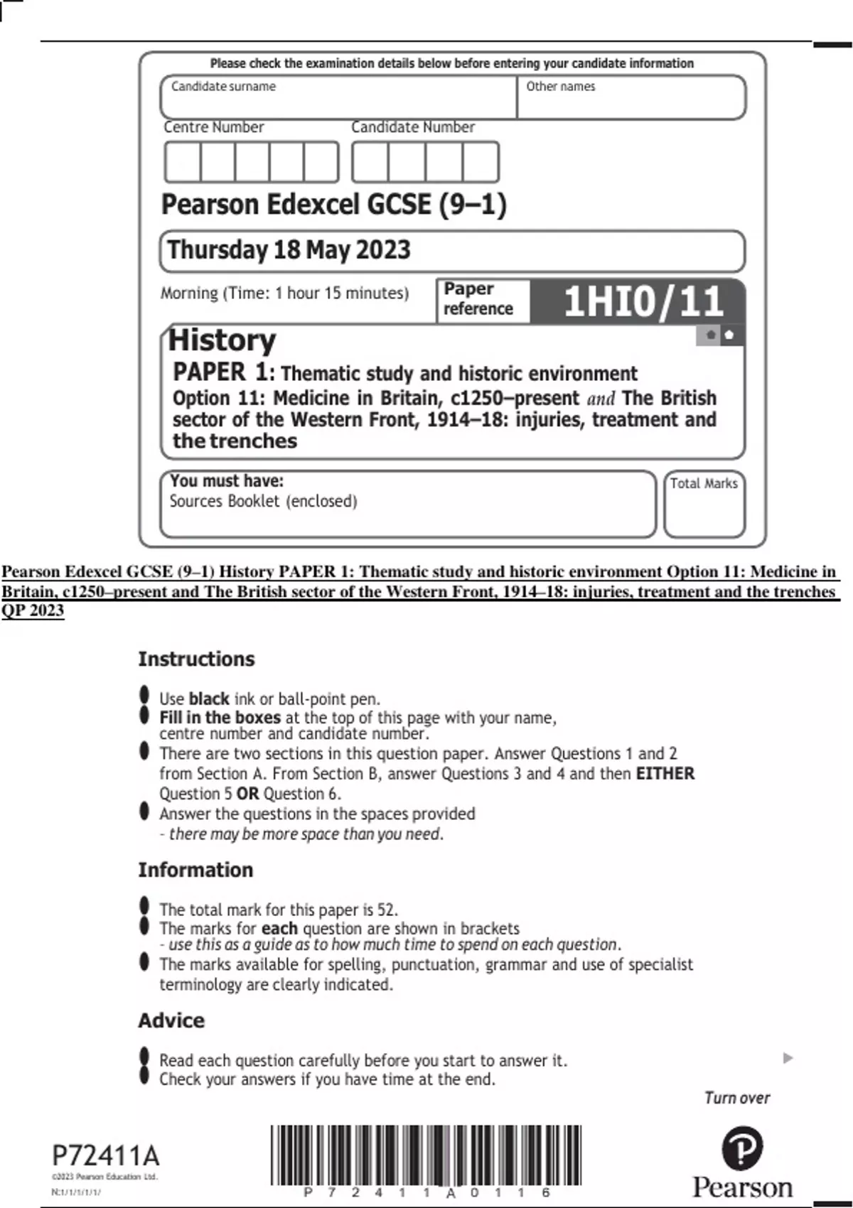 Pearson Edexcel GCSE (9–1) History PAPER 1: Thematic study and historic ...