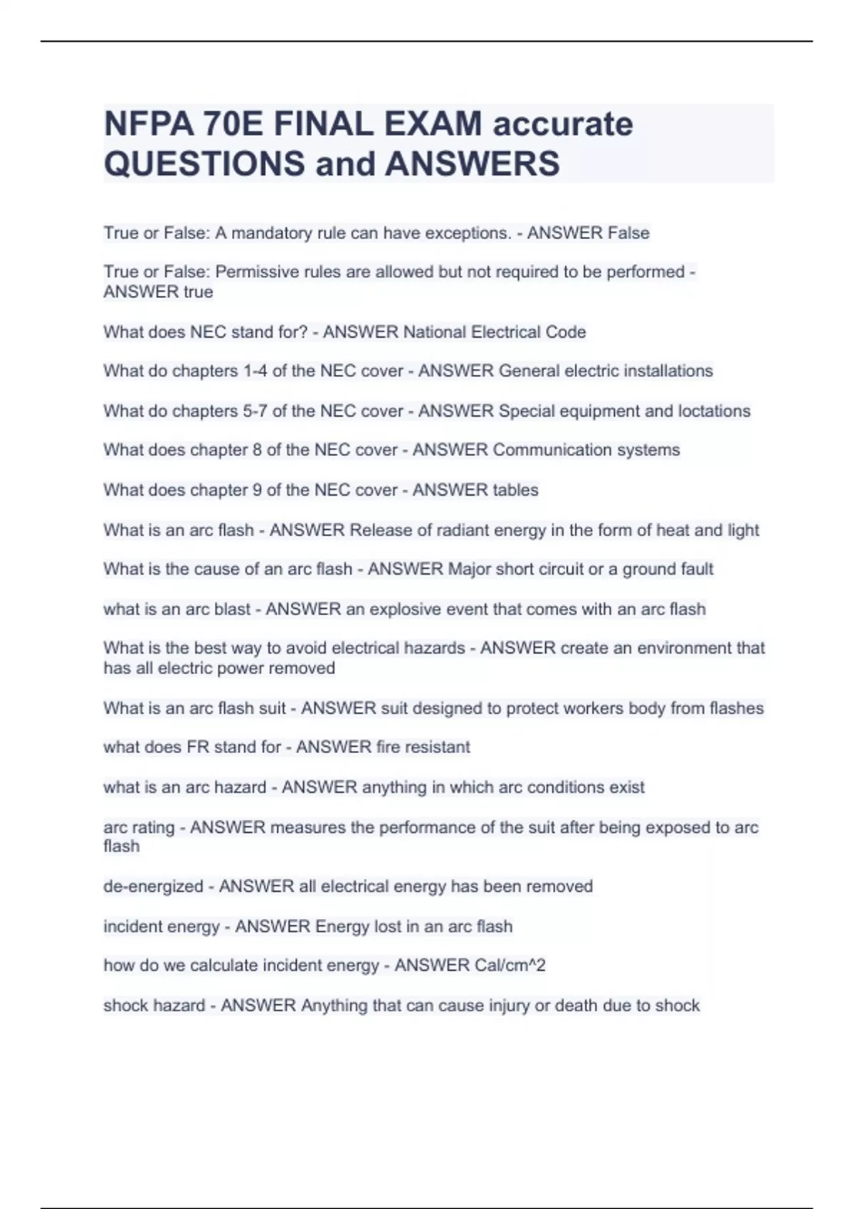 NFPA 70E EXAM PACKAGE 100% RATED A+ - Stuvia US
