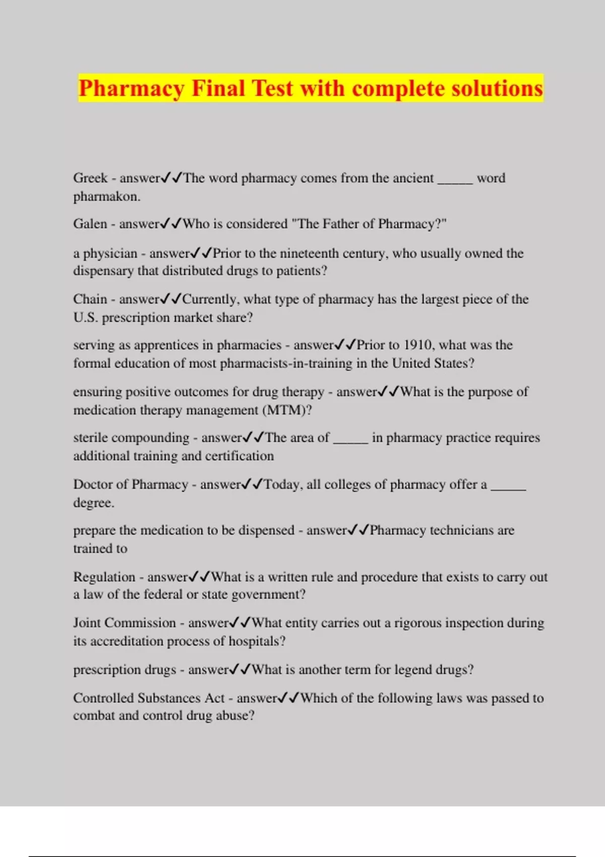 Pharmacy Final Test with complete solutions - Pharmacy - Stuvia US