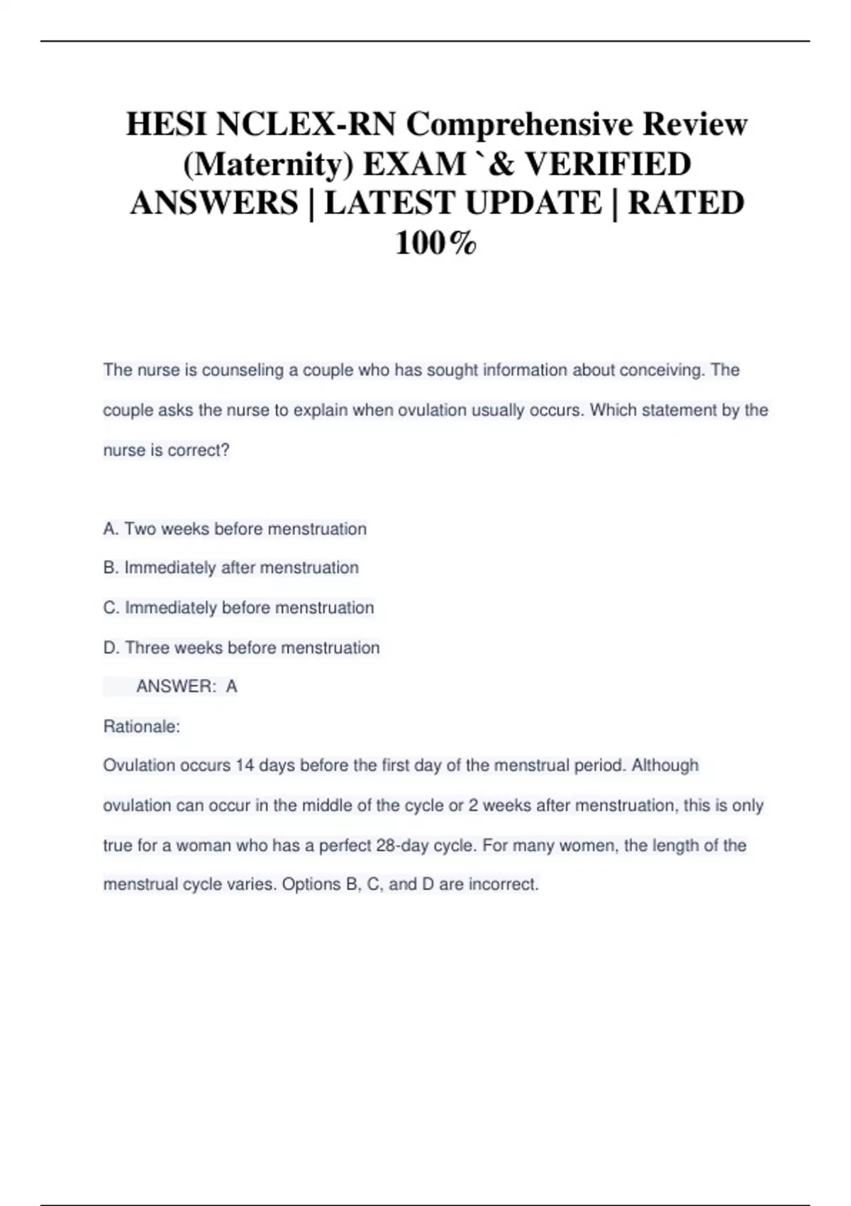 HESI NCLEX-RN Comprehensive Review (Maternity) EXAM `& VERIFIED ANSWERS ...