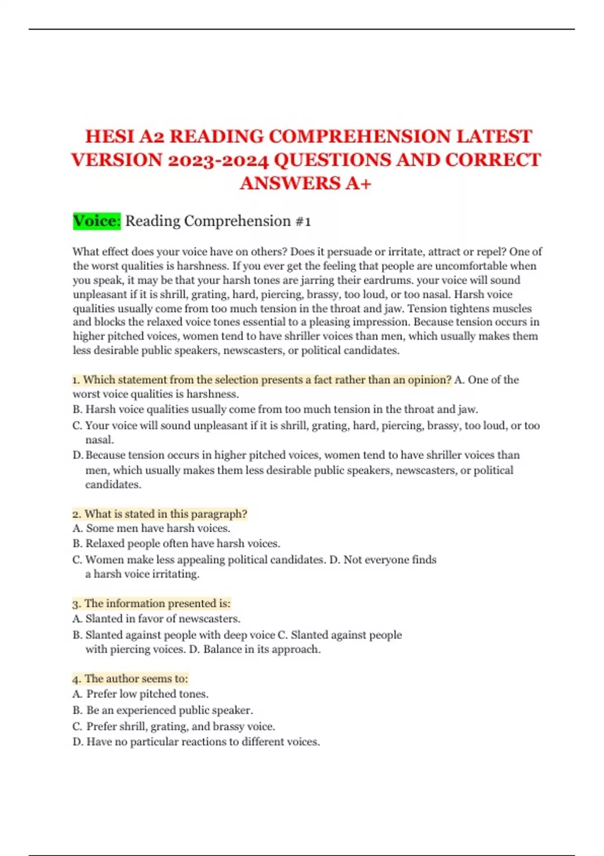 HESI A2 READING COMPREHENSION LATEST VERSION QUESTIONS AND CORRECT ...
