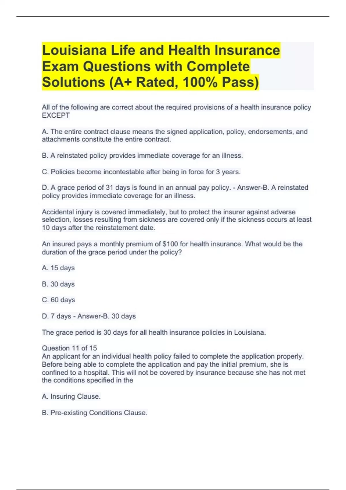 Louisiana Life and Health Insurance Exam Questions with Complete ...