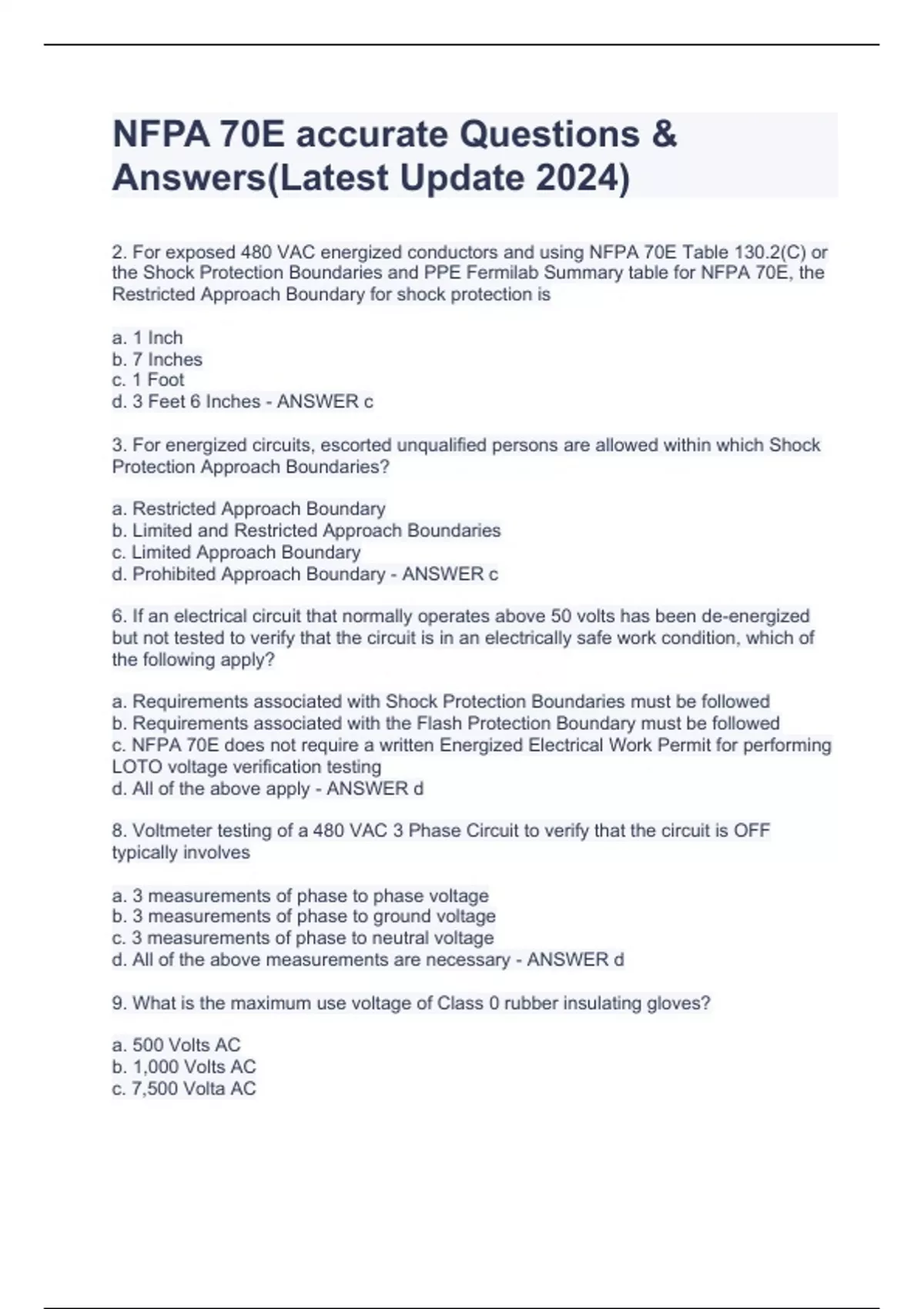 NFPA 70E accurate Questions & Answers(Latest Update 2024) - NFPA 70E ...