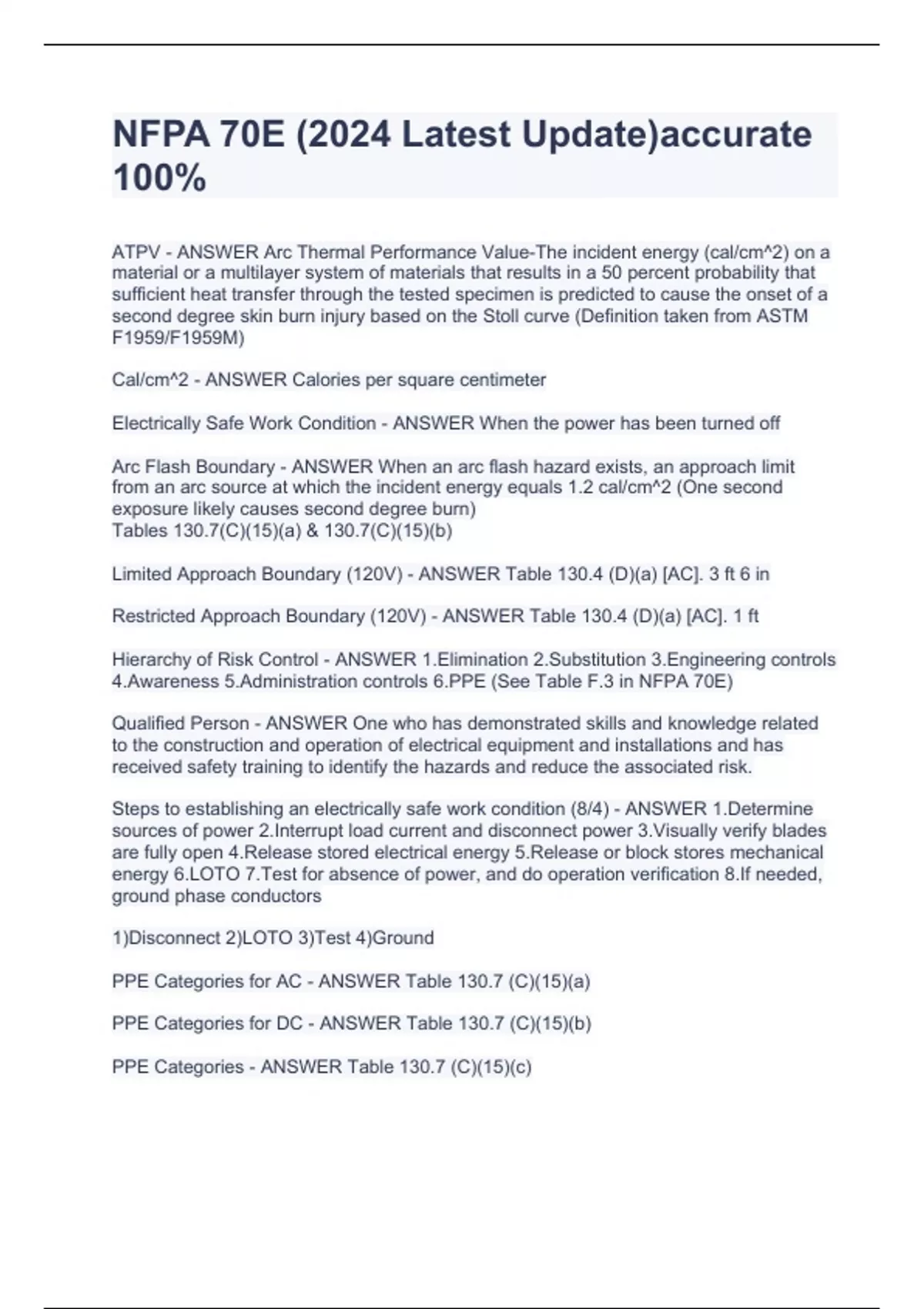 NFPA 70E (2024 Latest Update)accurate 100% - NFPA 70E - Stuvia US
