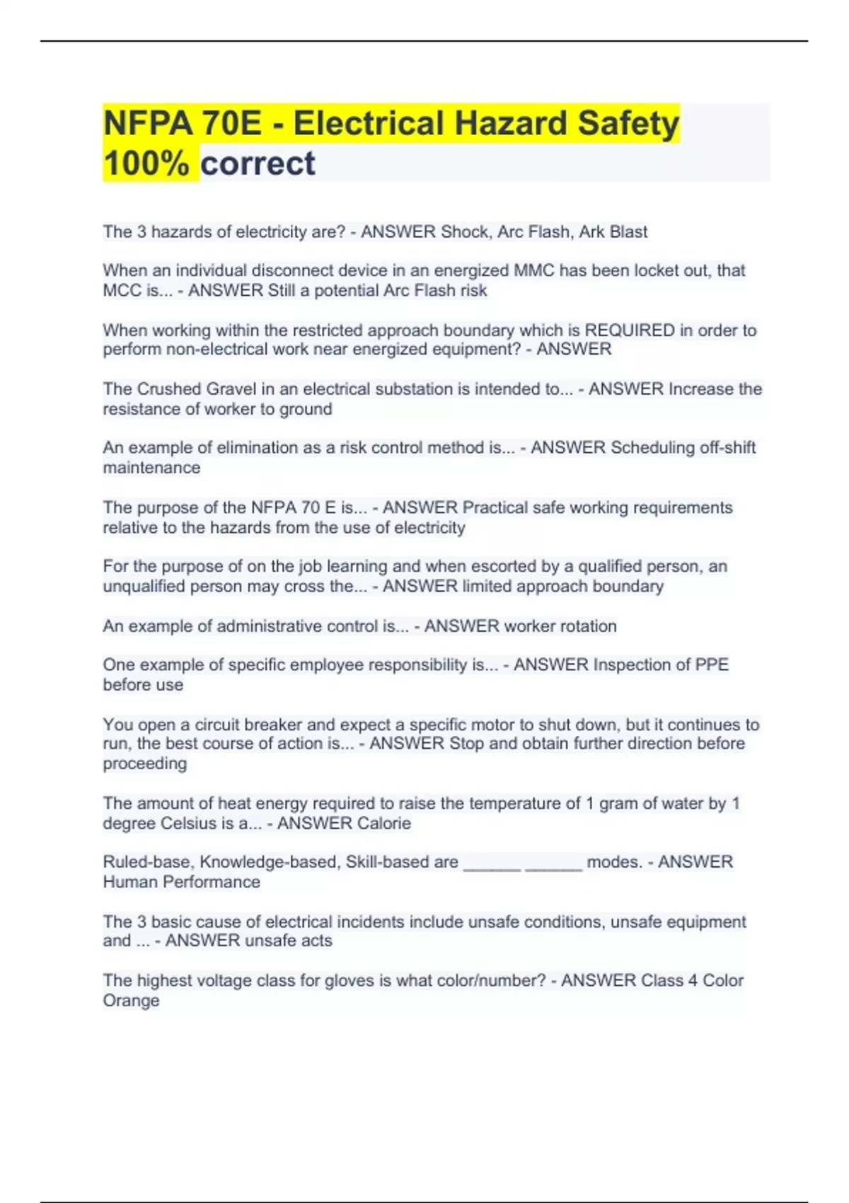 NFPA 70E - Electrical Hazard Safety 100% correct - NFPA 70E ...