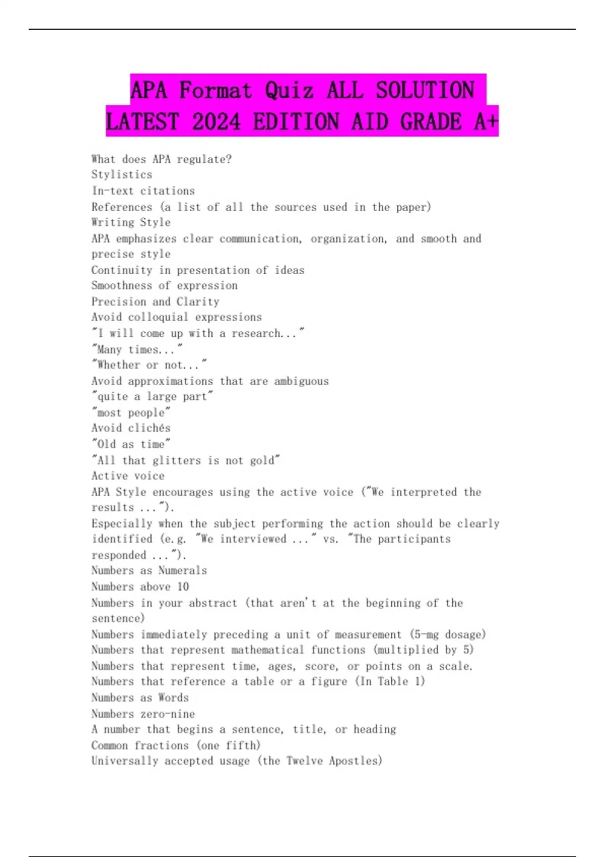 APA Format Quiz ALL SOLUTION LATEST 2024 EDITION AID GRADE A+ - APA ...