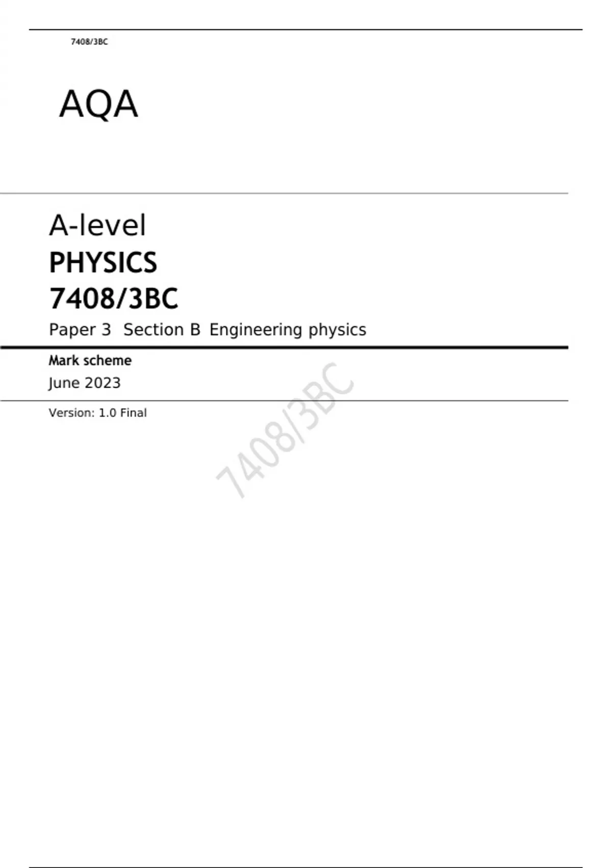 AQA A-level PHYSICS 7408/3BC Paper 3 Section B Engineering physics Mark ...