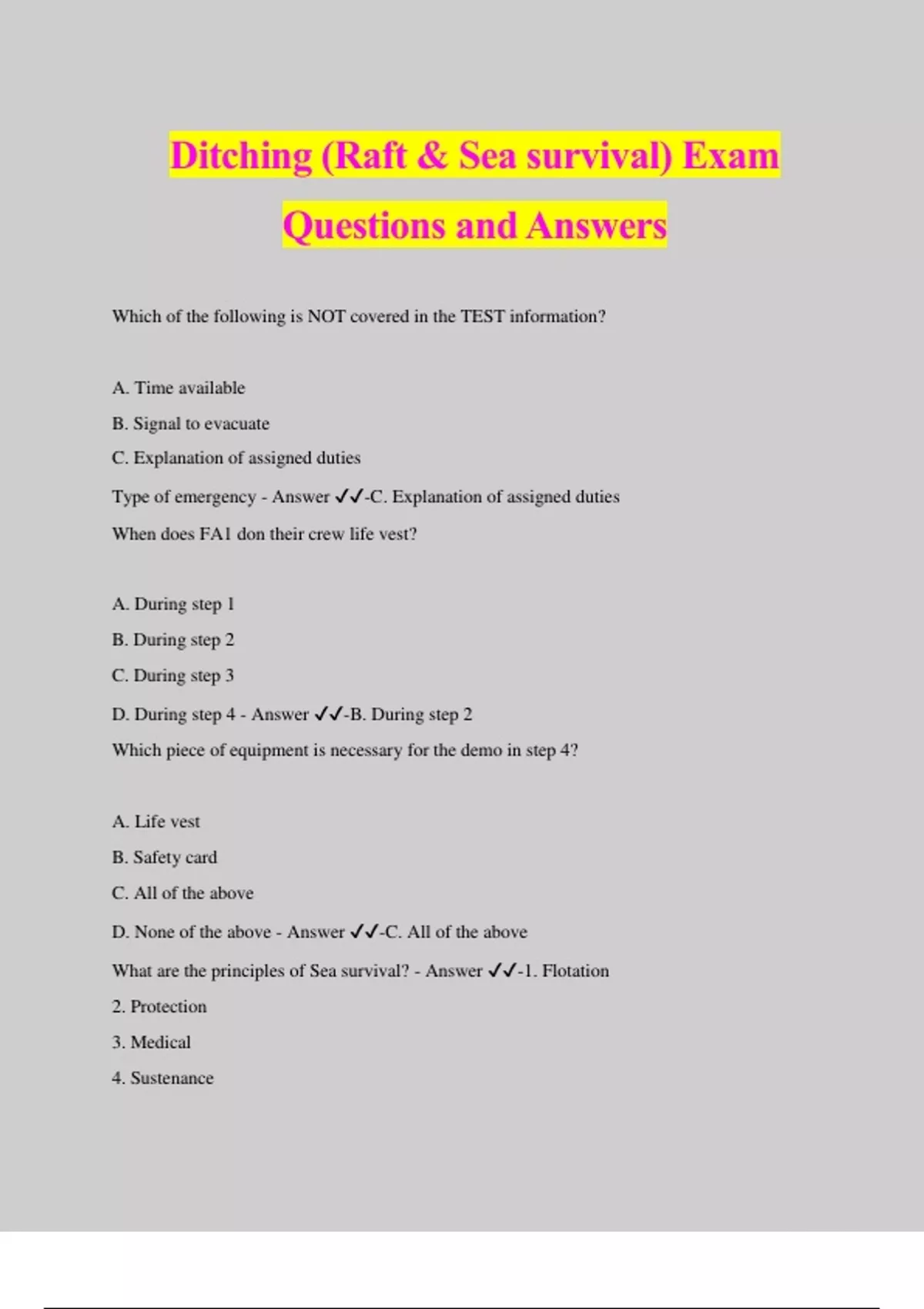 Ditching (Raft & Sea survival) Exam Questions and Answers - Ditching ...