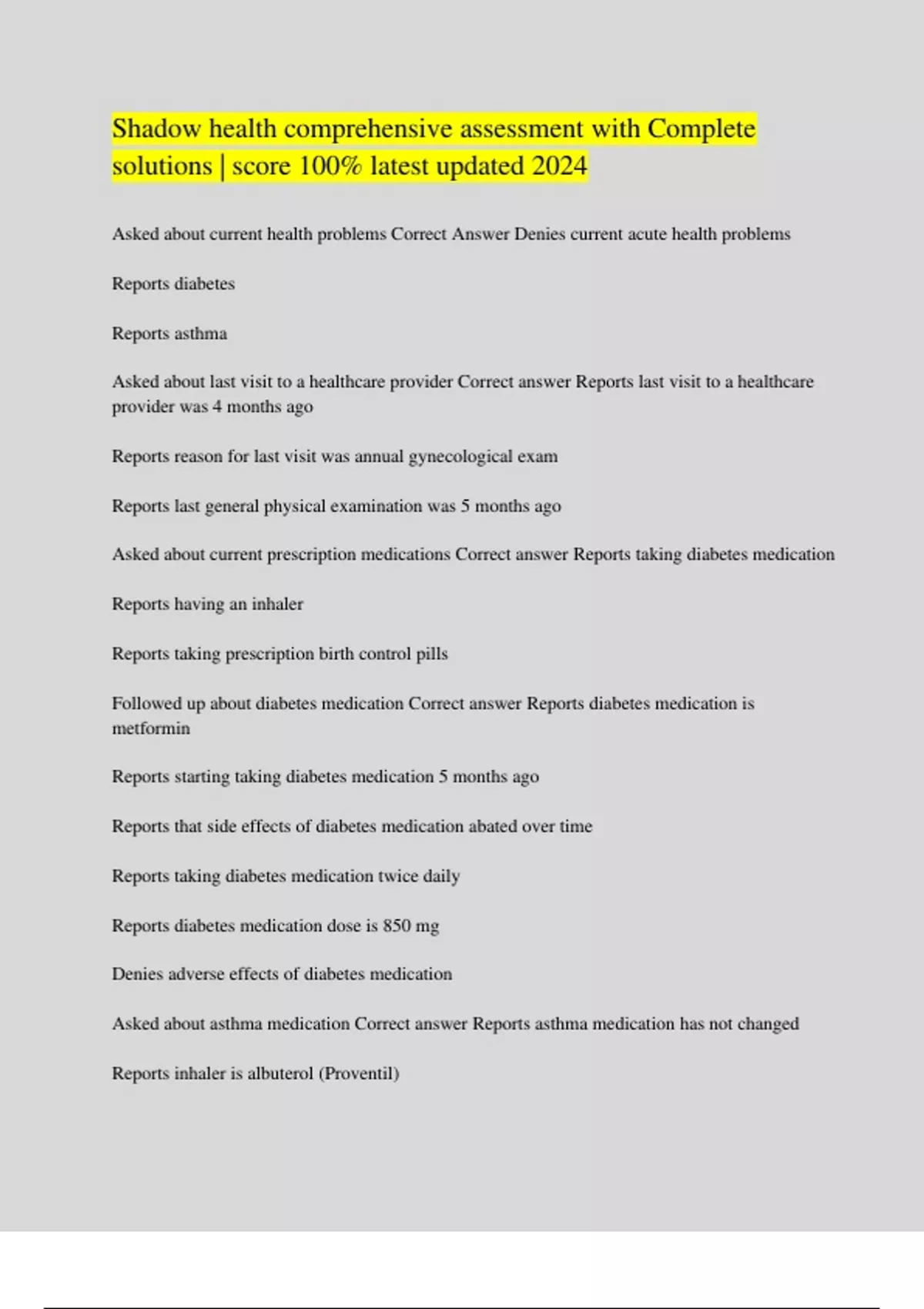 Shadow health comprehensive assessment with Complete solutions | score ...