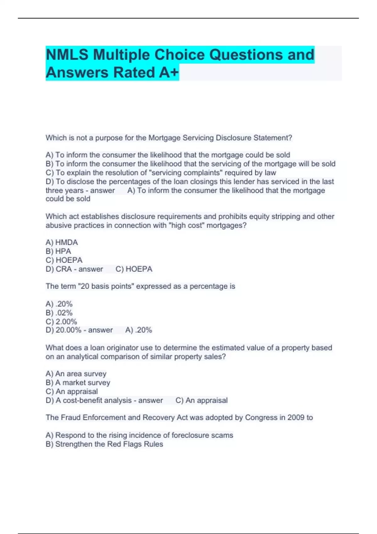 NMLS Multiple Choice Questions and Answers Rated A+ - NMLS - Stuvia US
