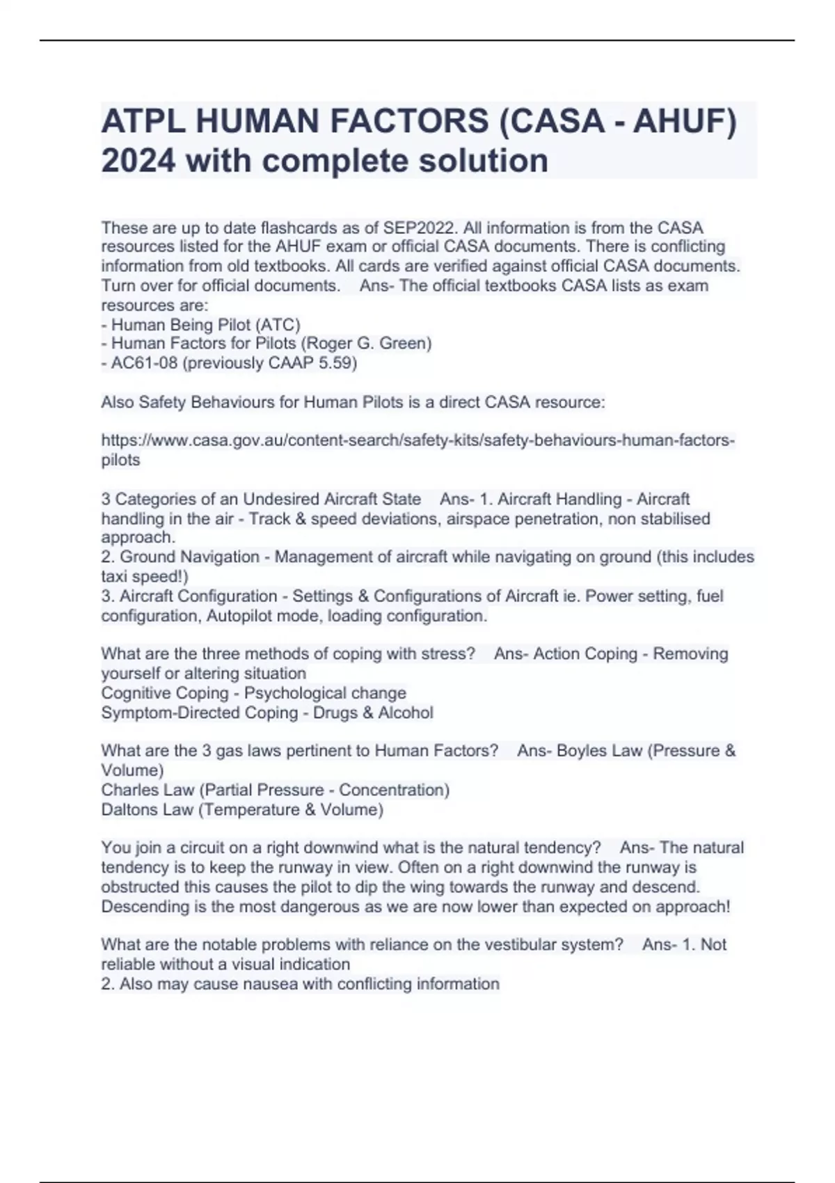 ATPL HUMAN FACTORS (CASA - AHUF) 2024 with complete solution - ATPL ...