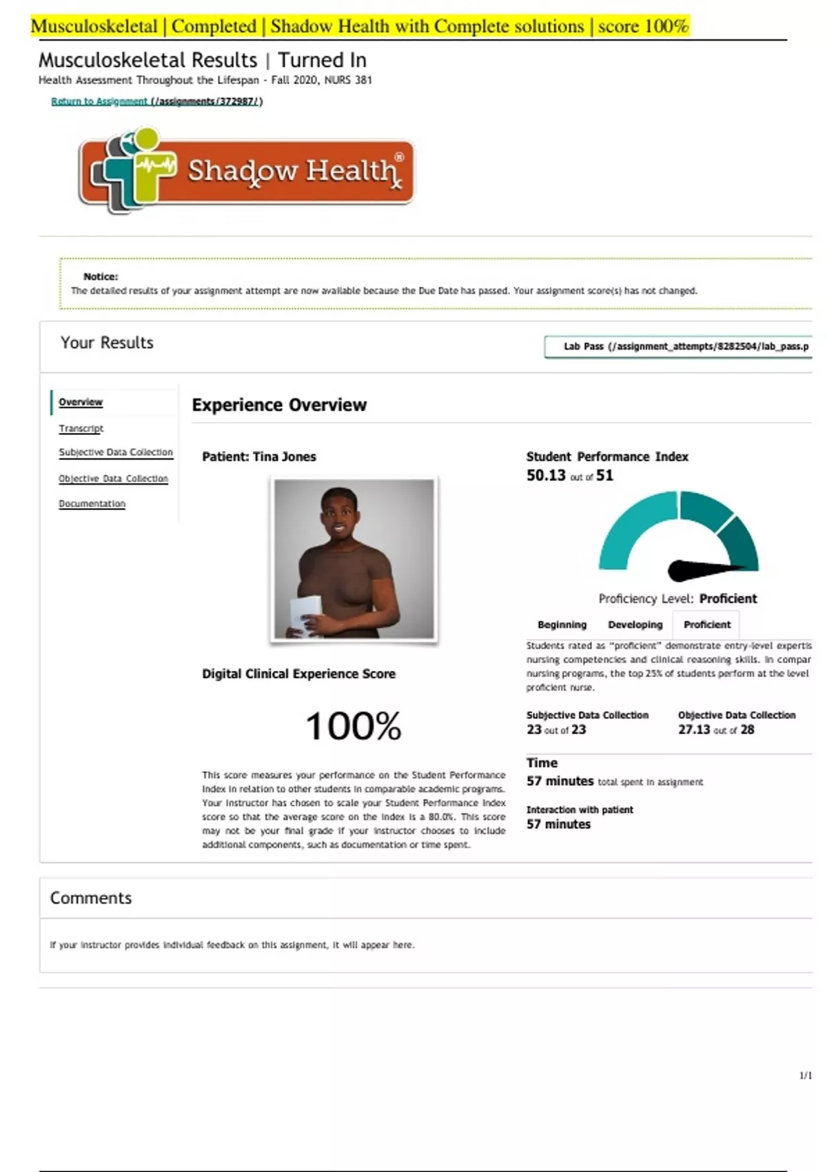 Musculoskeletal Exam Completed | Shadow Health with Complete solutions ...