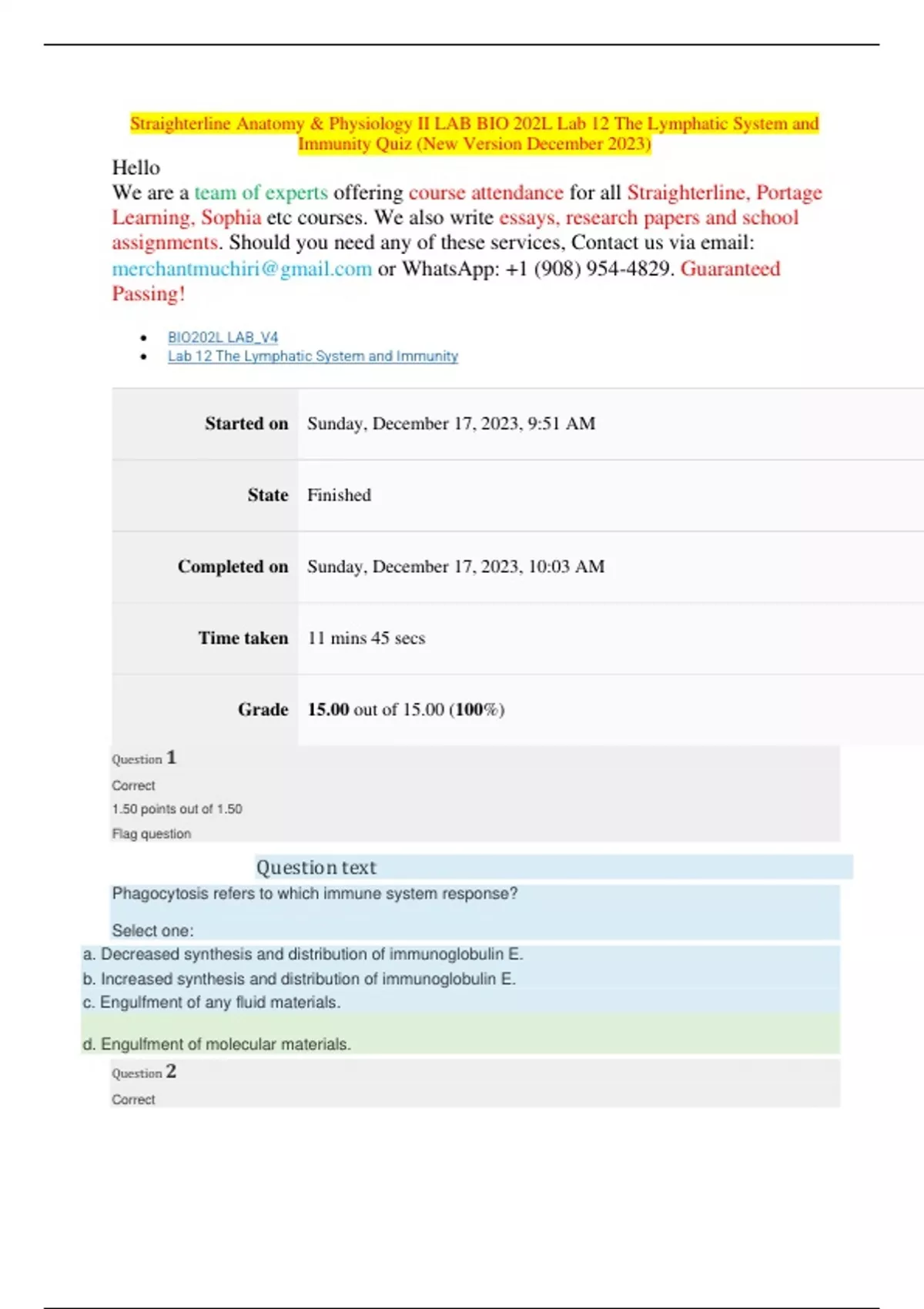 Straighterline Anatomy & Physiology II LAB BIO 202L Lab 12 The ...