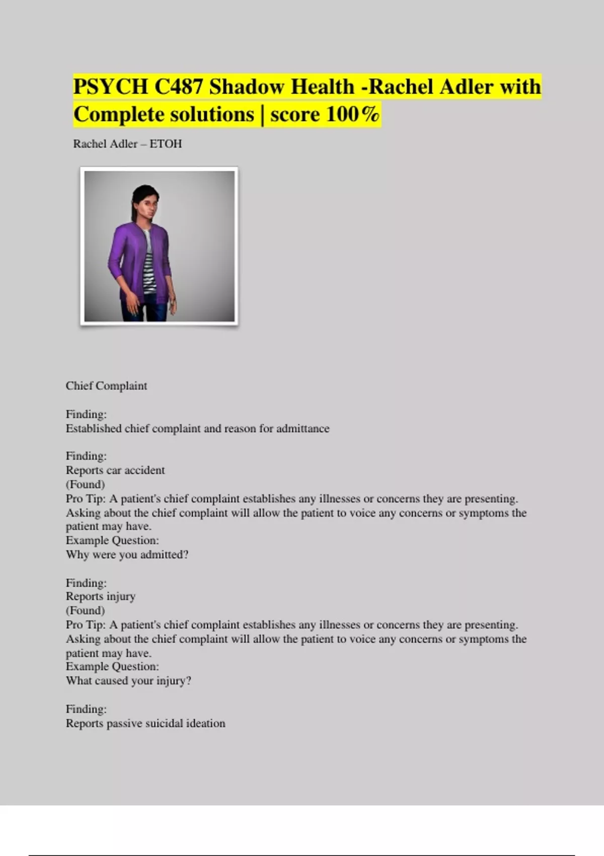 PSYCH C487 Shadow Health -Rachel Adler with Complete solutions | score ...