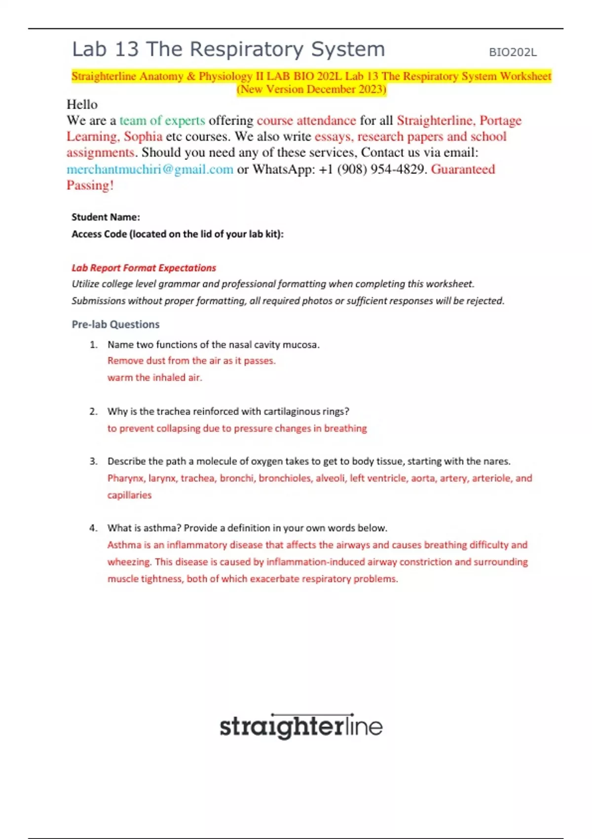 Straighterline Anatomy & Physiology II LAB BIO 202L Lab 13 The ...