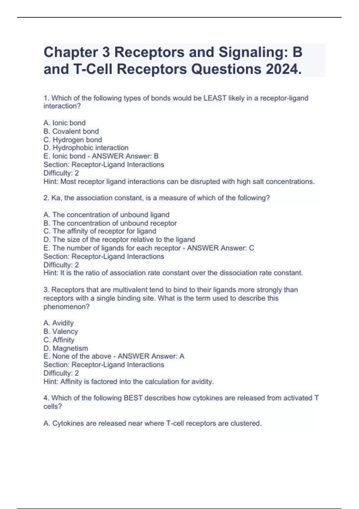 Chapter 3 Receptors and Signaling: B and T-Cell Receptors Questions ...