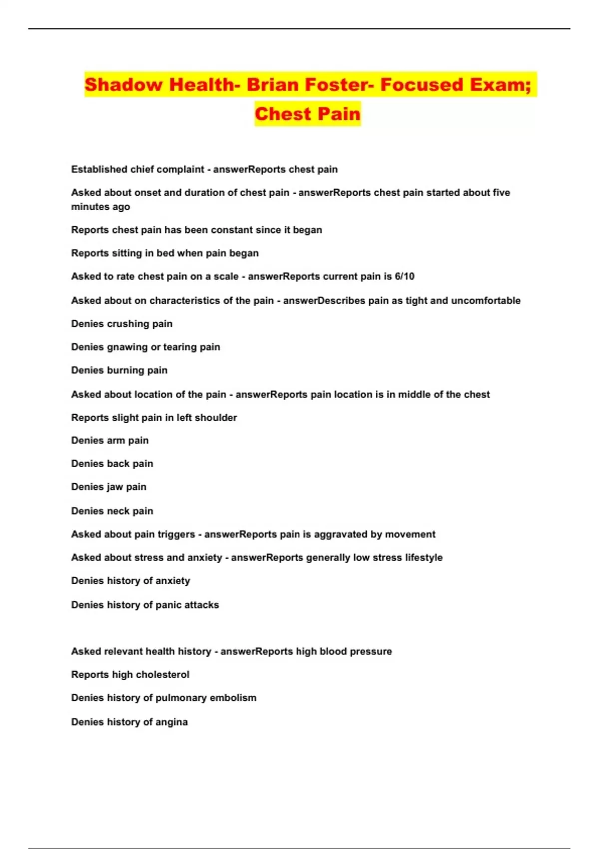Shadow Health- Brian Foster- Focused Exam 100% Solved Chest Pain ...