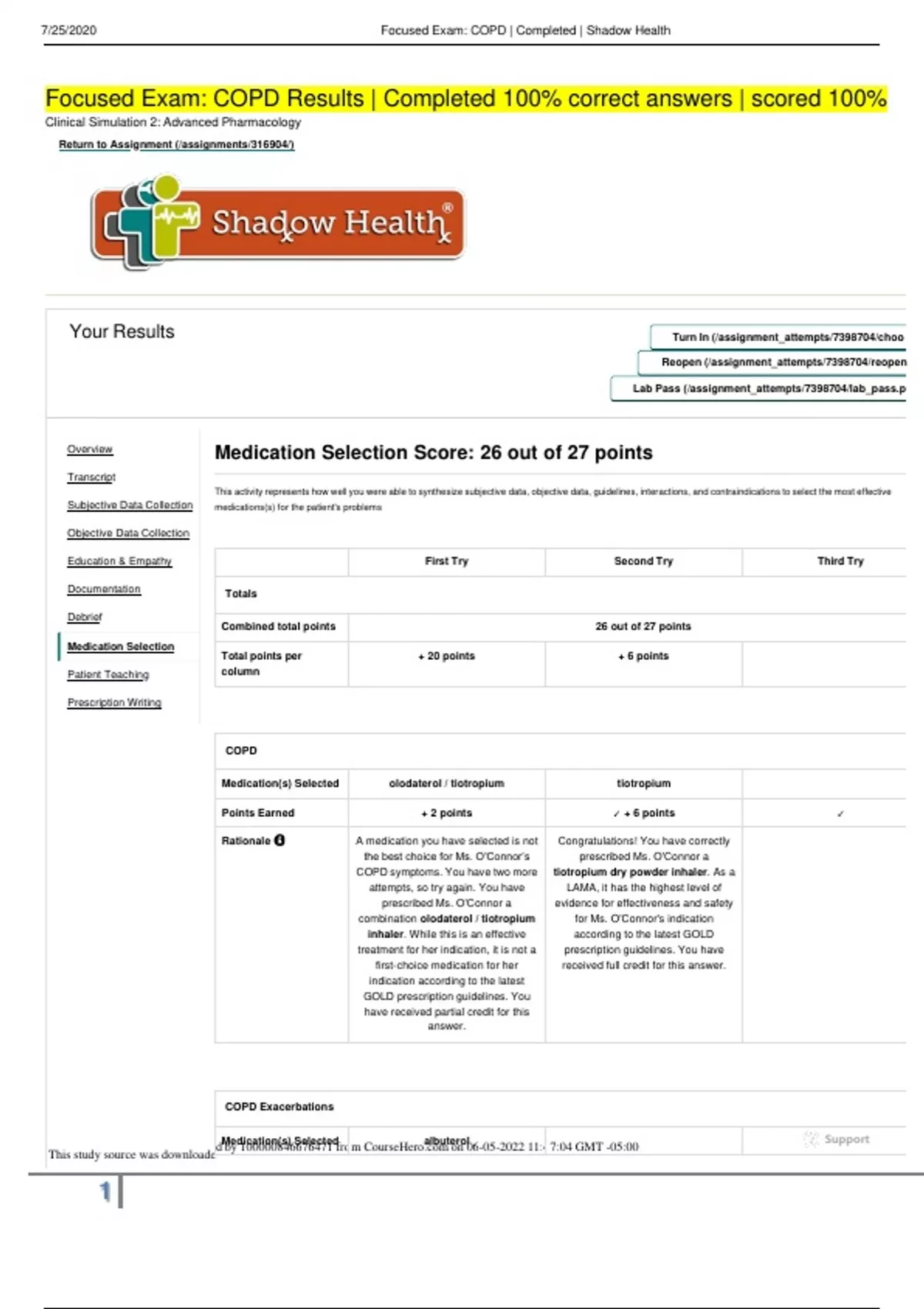 Focused Exam: COPD Results | Completed 100% correct answers | scored ...