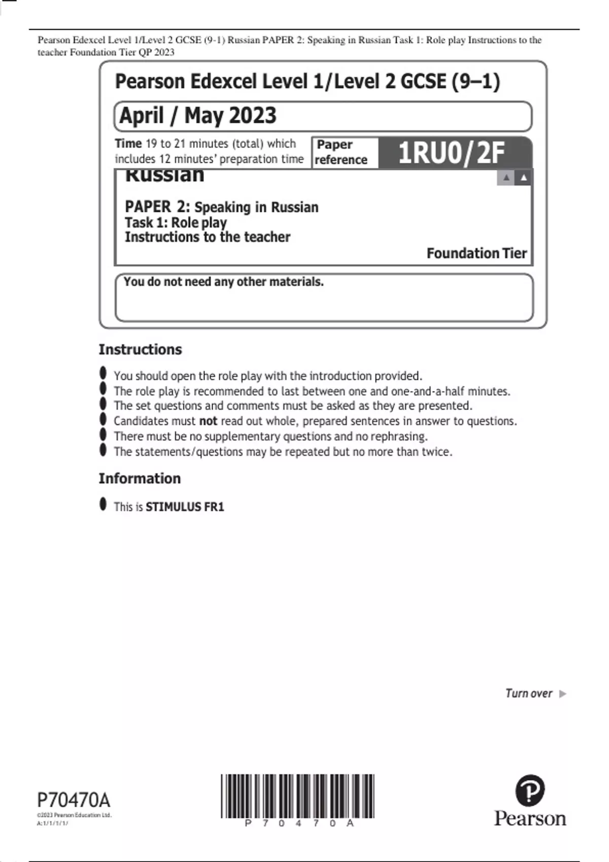 Pearson Edexcel Level 1/Level 2 GCSE (9–1) Russian PAPER 2: Speaking in ...