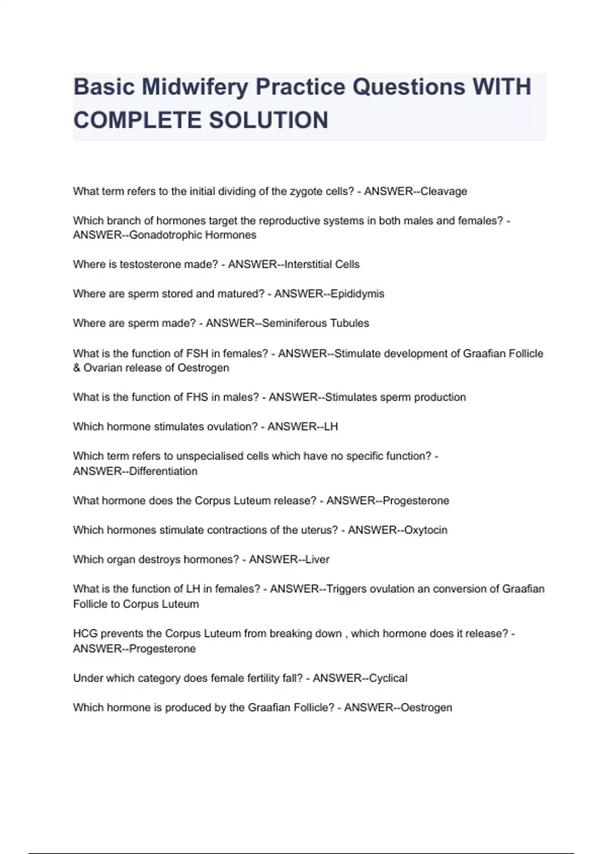 Basic Midwifery Practice Questions WITH COMPLETE SOLUTION - Basic ...