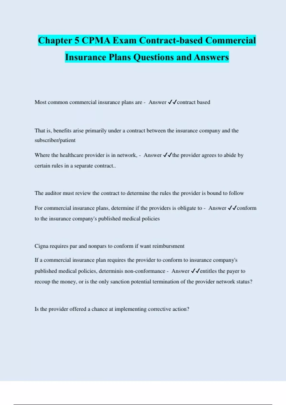 CPMA Exam Contract-based Commercial Insurance Plans Questions and ...