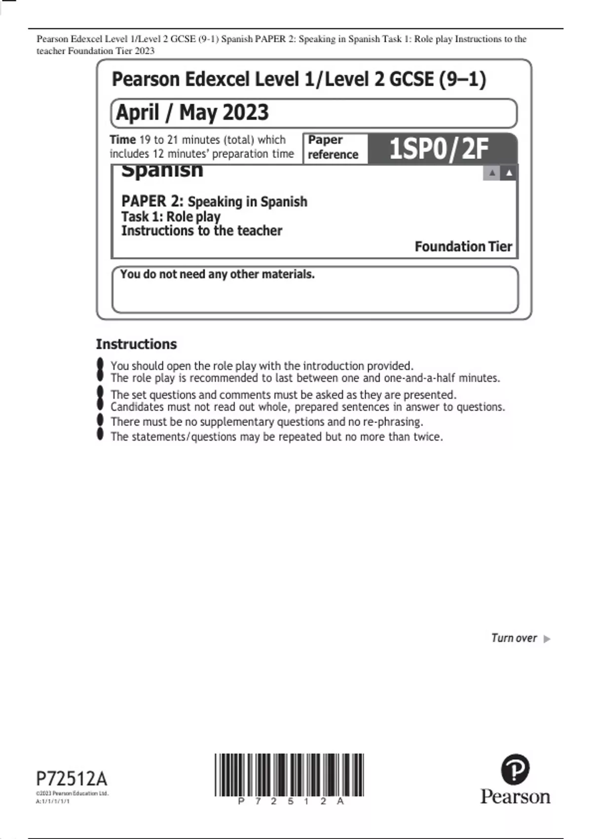 Pearson Edexcel Level 1/Level 2 GCSE (9–1) Spanish PAPER 2: Speaking in ...