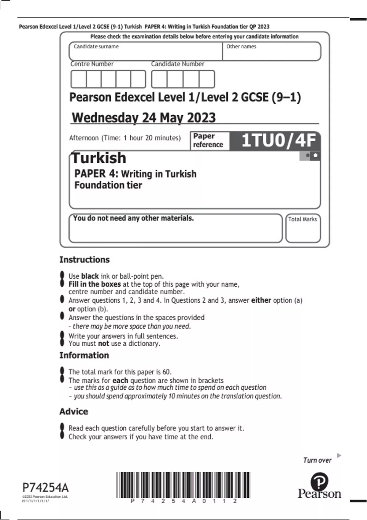 Pearson Edexcel Level 1/Level 2 GCSE (9–1) Turkish PAPER 4: Writing in ...