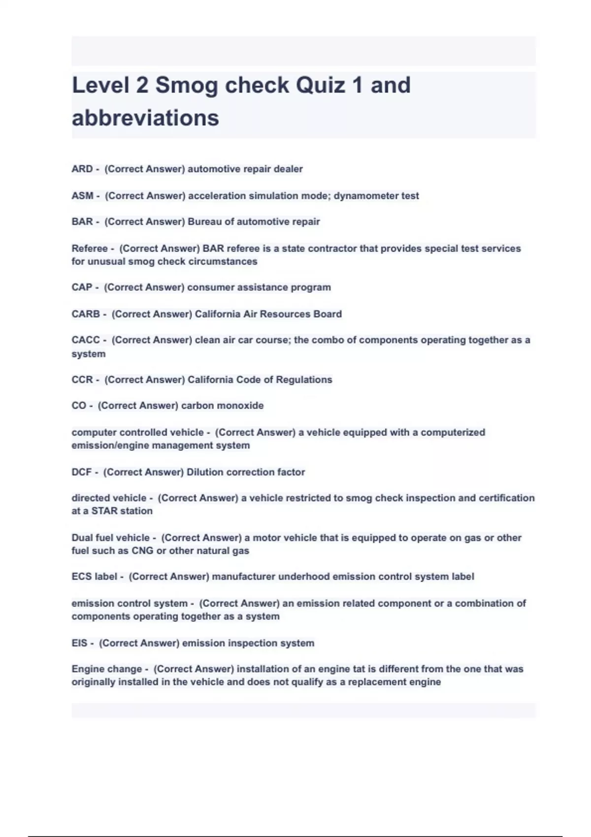 Level 2 Smog check Quiz 1 and abbreviations Exam Questions with Correct ...