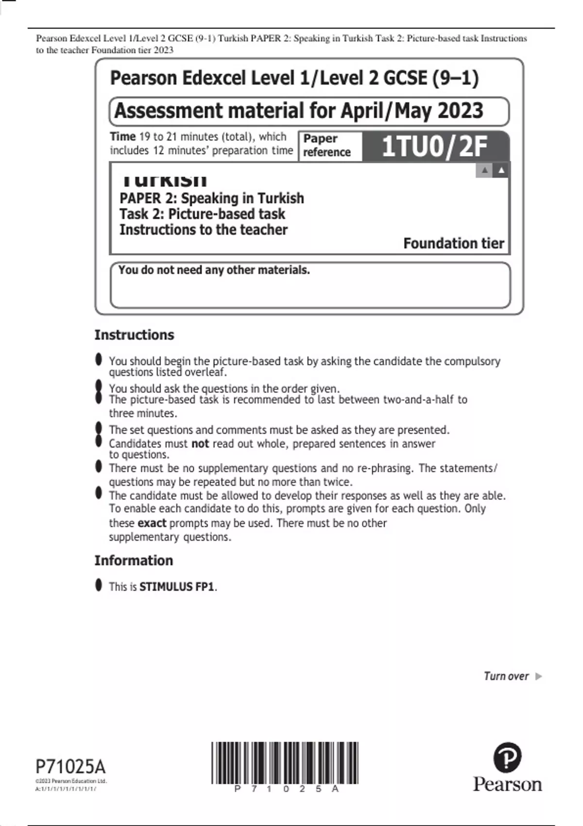 Pearson Edexcel Level 1/Level 2 GCSE (9–1) Turkish PAPER 2: Speaking in ...