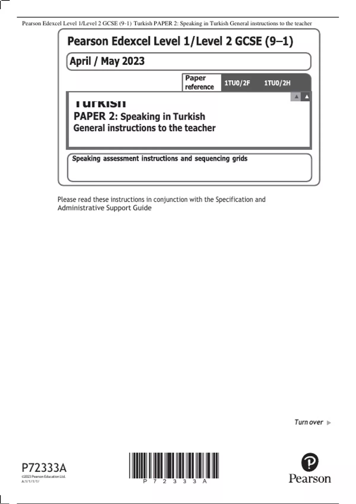 Pearson Edexcel Level 1/Level 2 GCSE (9–1) Turkish PAPER 2: Speaking in ...
