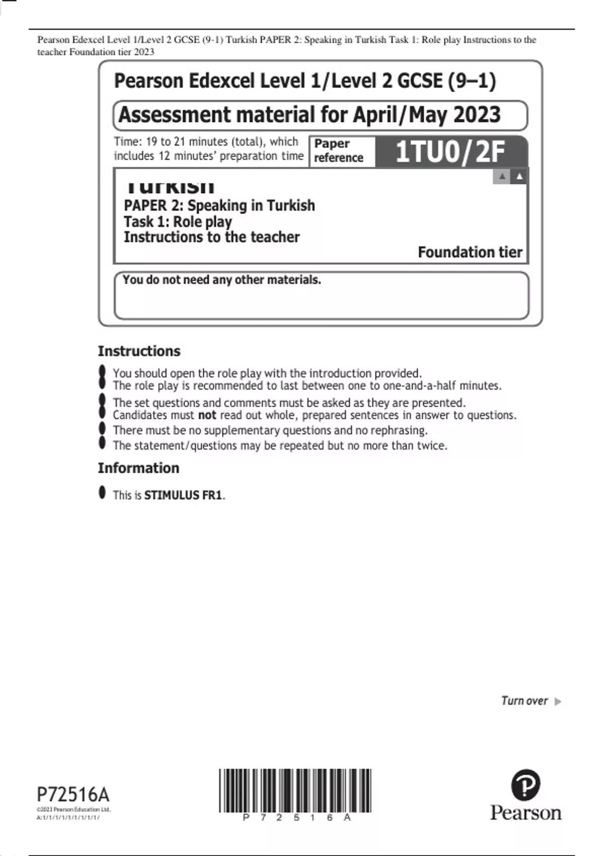 Pearson Edexcel Level 1/Level 2 GCSE (9–1) Turkish PAPER 2: Speaking in ...