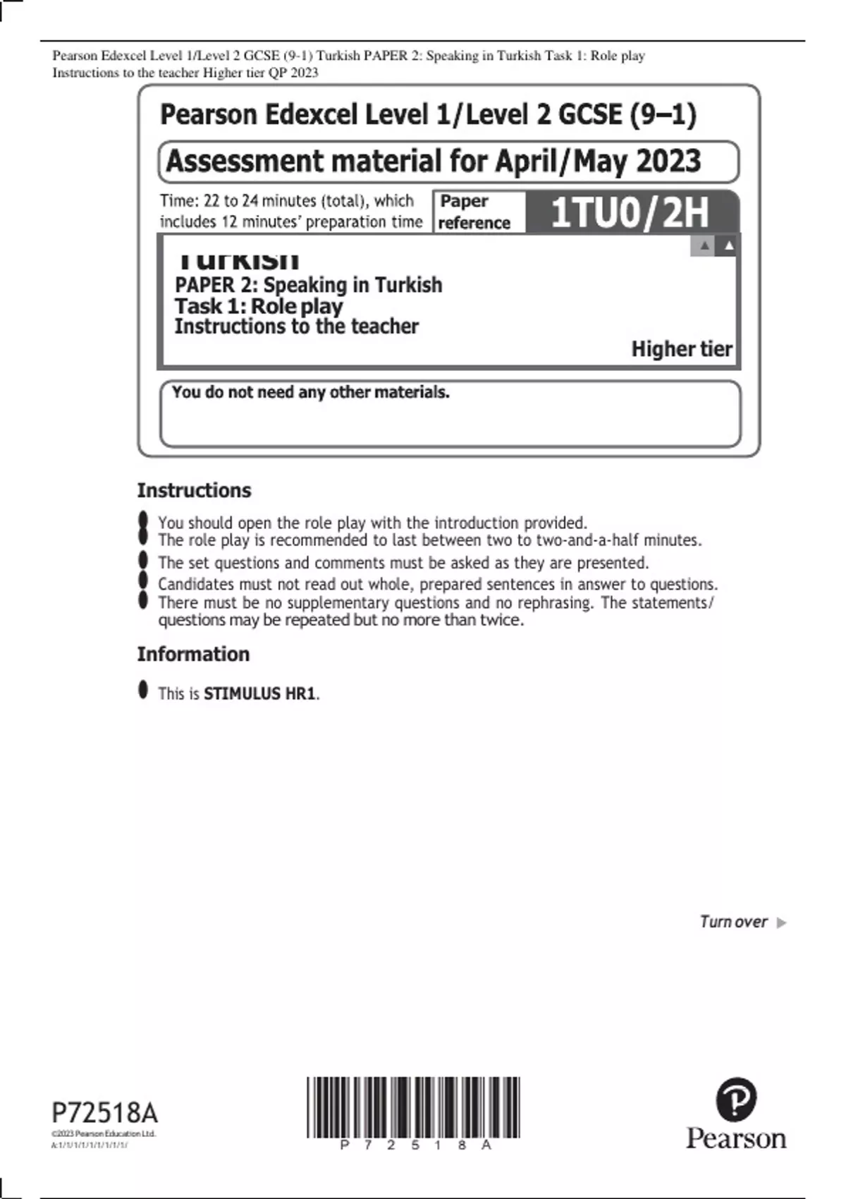 Pearson Edexcel Level 1/Level 2 GCSE (9–1) Turkish PAPER 2: Speaking in ...
