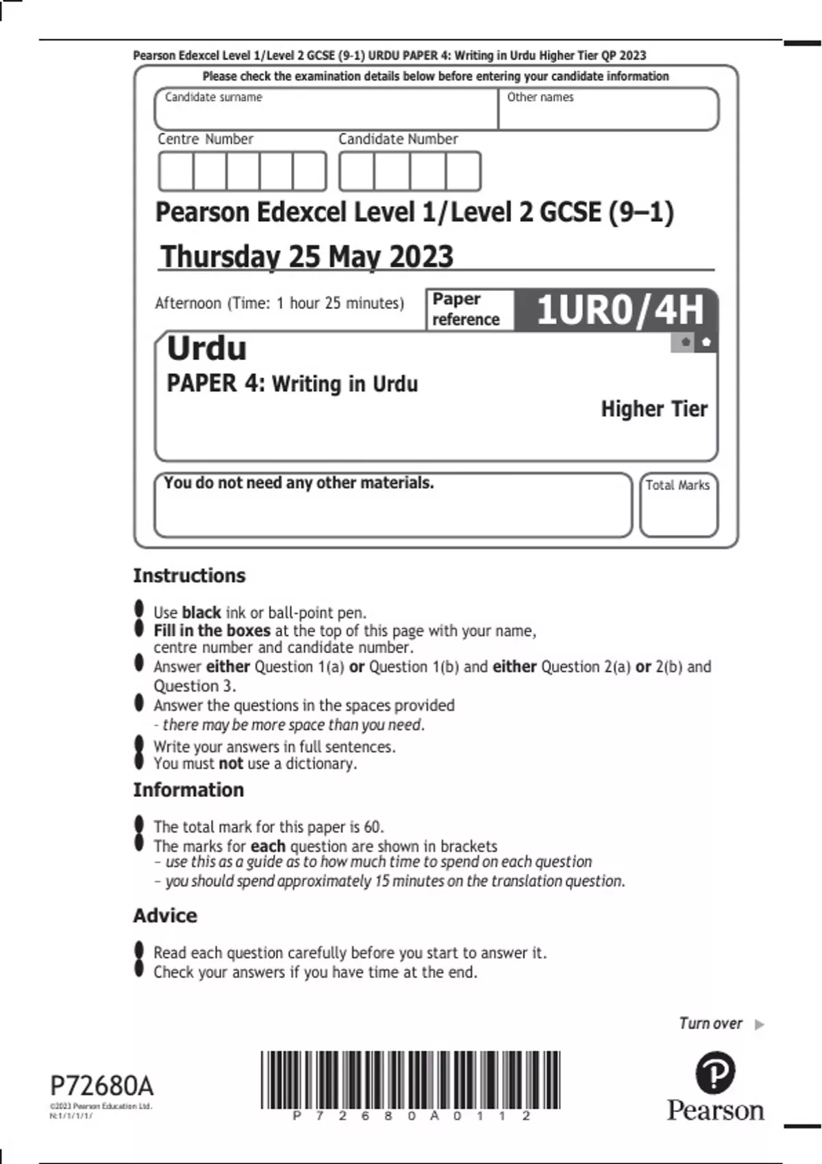 Pearson Edexcel Level 1/Level 2 GCSE (9–1) URDU PAPER 4: Writing in ...