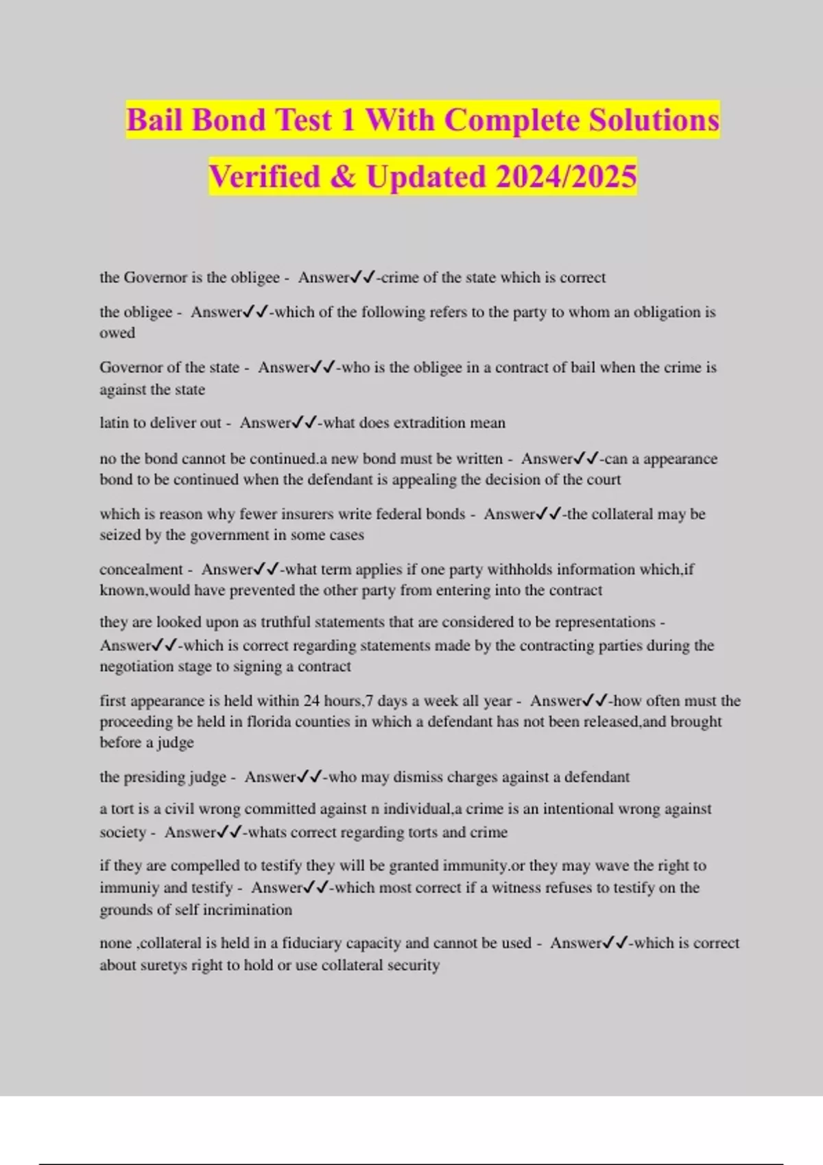 Bail Bond Test 1 With Complete Solutions Verified & Updated 2024/2025 ...