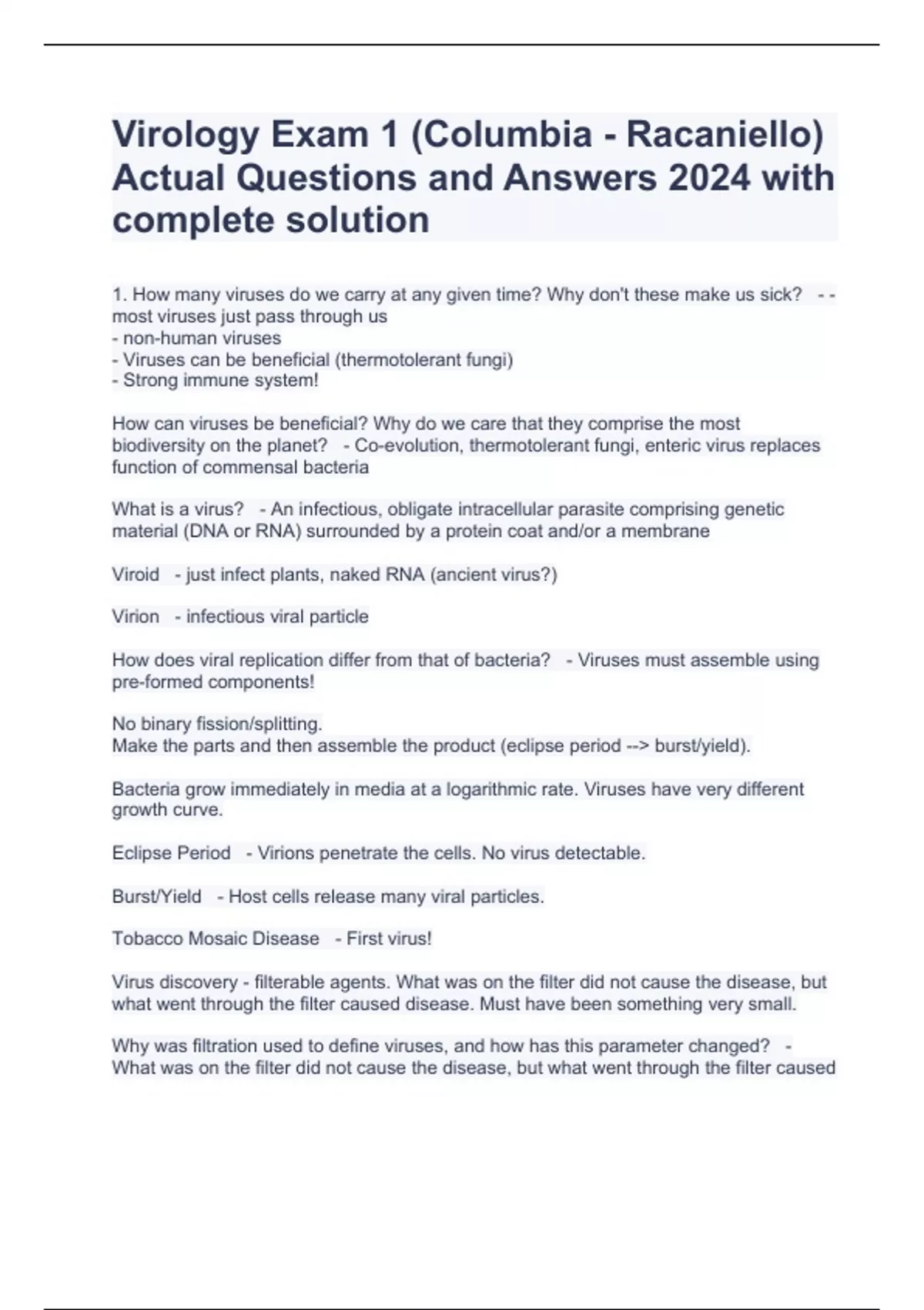 Virology Exam 1 (Columbia - Racaniello) Actual Questions and Answers ...