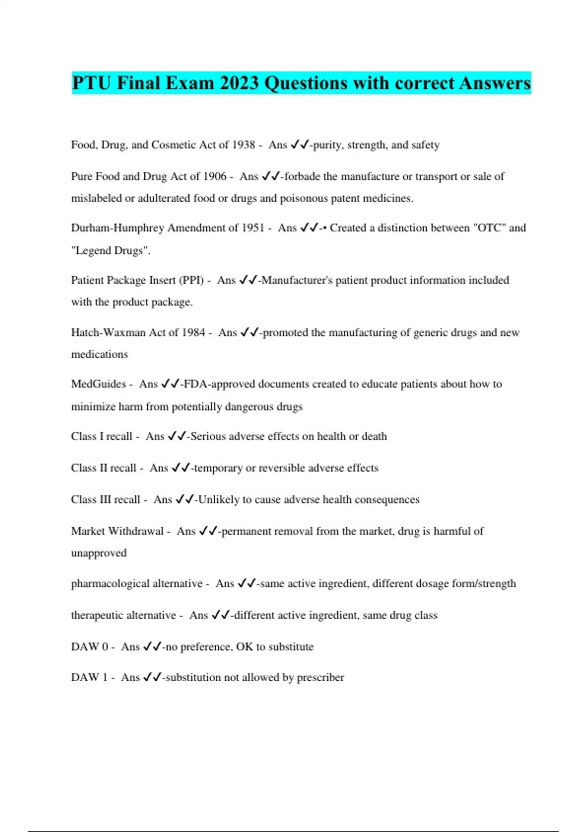 PTU Final Exam 2023 Questions with correct Answers | Guaranteed ...