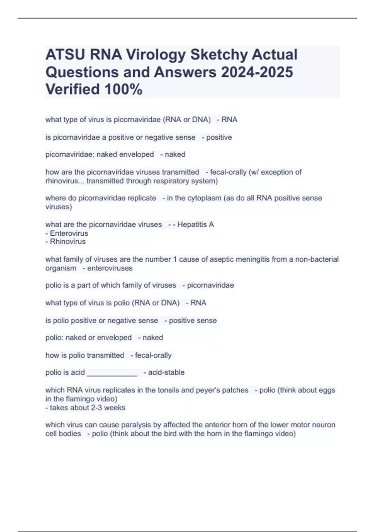 ATSU RNA Virology Sketchy Actual Questions and Answers Verified 100% ...